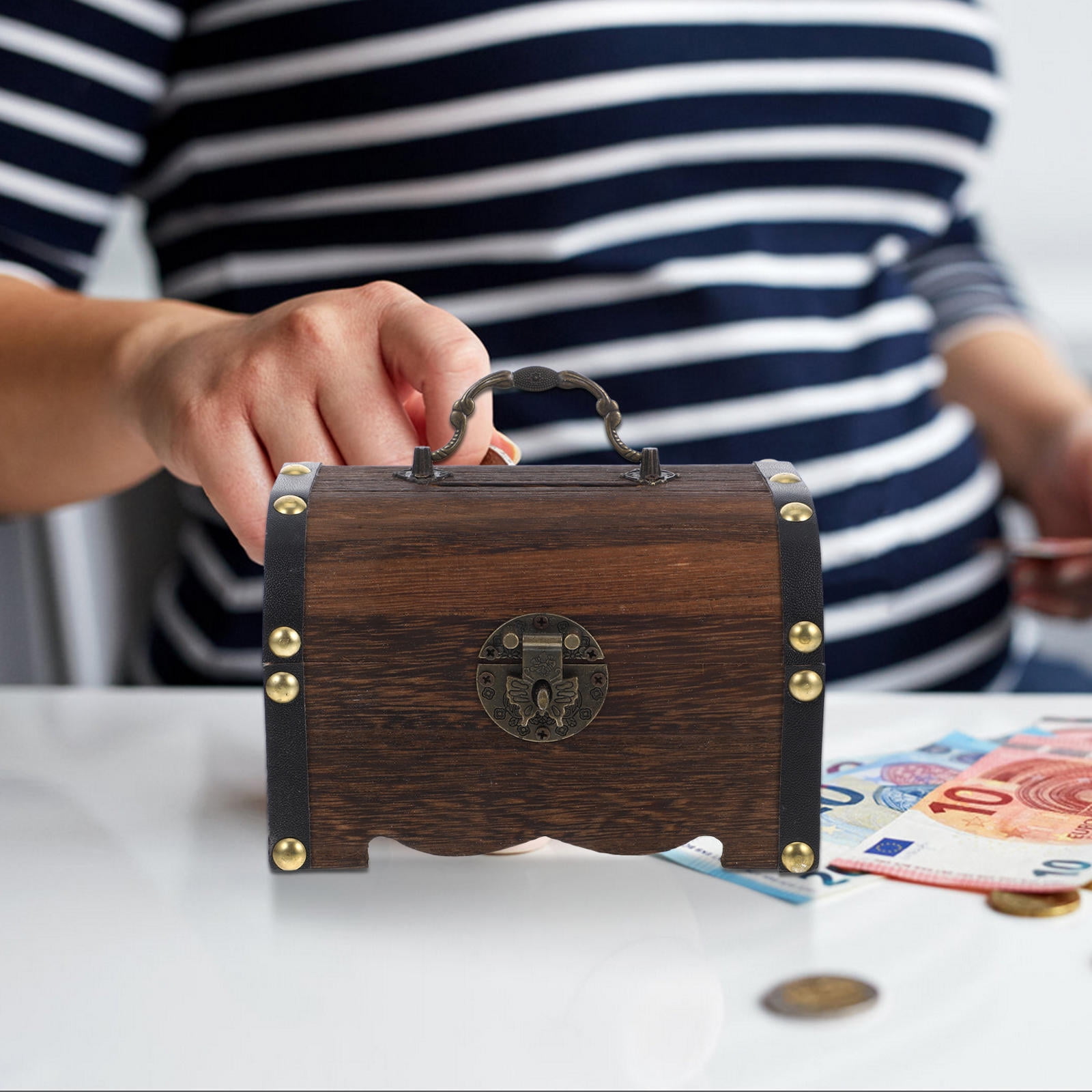 SOPOTUTU 1Pack Dark Brown Lockable Chest Wooden Rectangular for Money ...