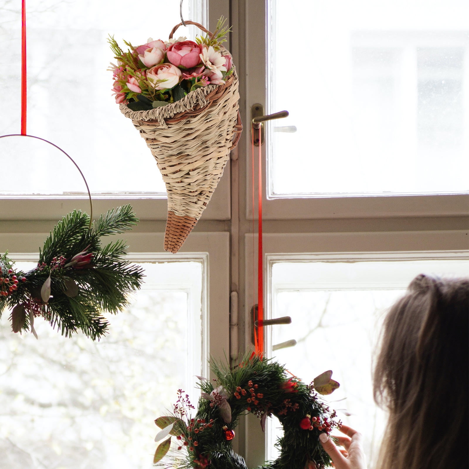 SOPOTUTU 1Set Woven Basket Cone Shaped Macrame Planter Straw Handwoven ...