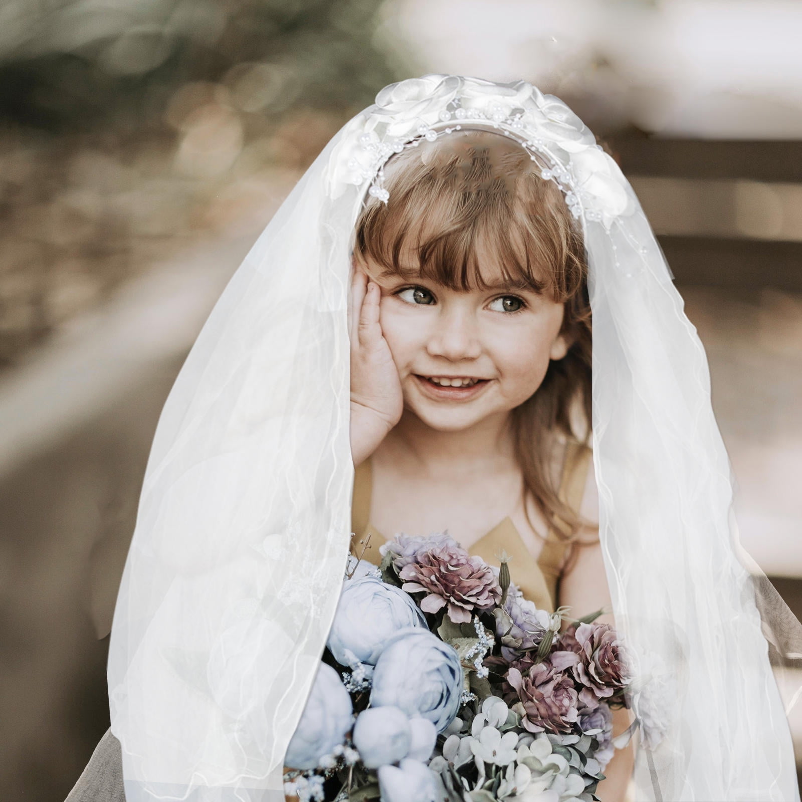 SOPOTUTU Wedding Veil 1Pack with Flower Crown for Kids in White Fabric ...