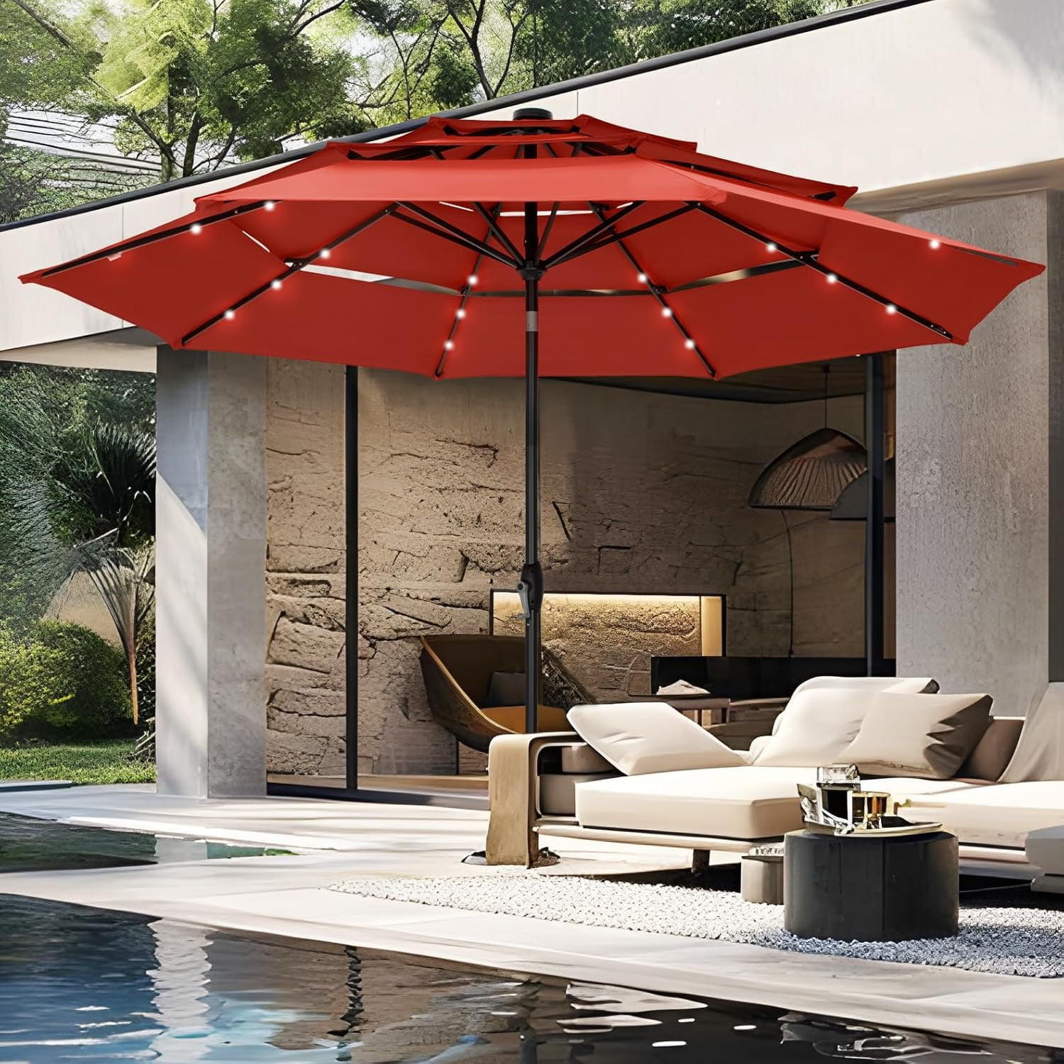 SOPTY 10ft Patio Umbrellas with 24 pcs LED Solar Lights, Outdoor Market ...