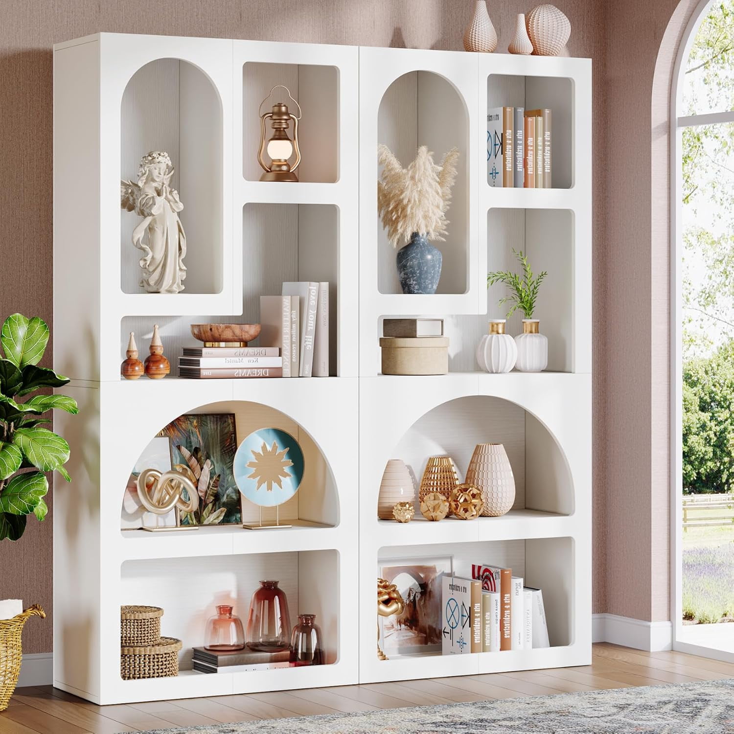 SOPTY 70.9" Tall Geometric Bookshelf, White Arched Bookcase with 5 ...