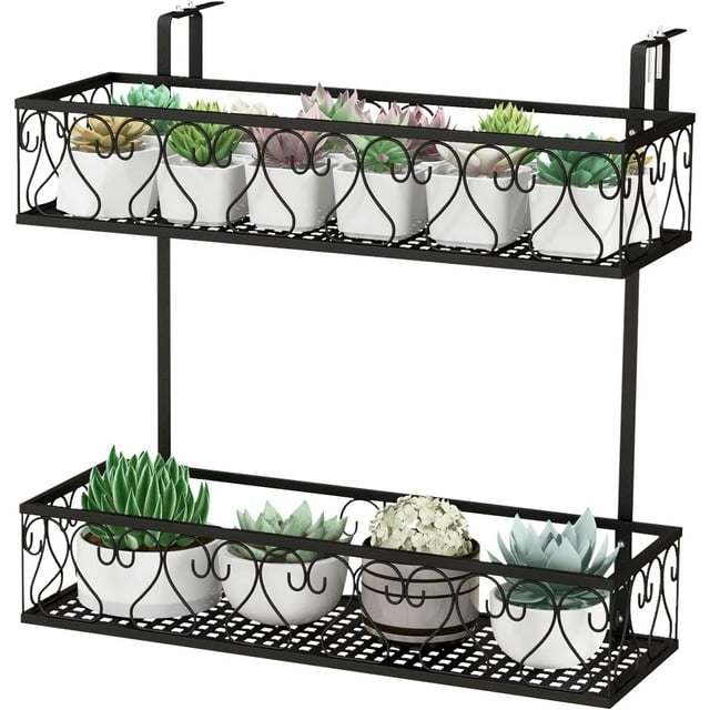 SOPTY Balcony Flower Pot Stand Rack w/ Adjustable Hooks & 2 Planter ...