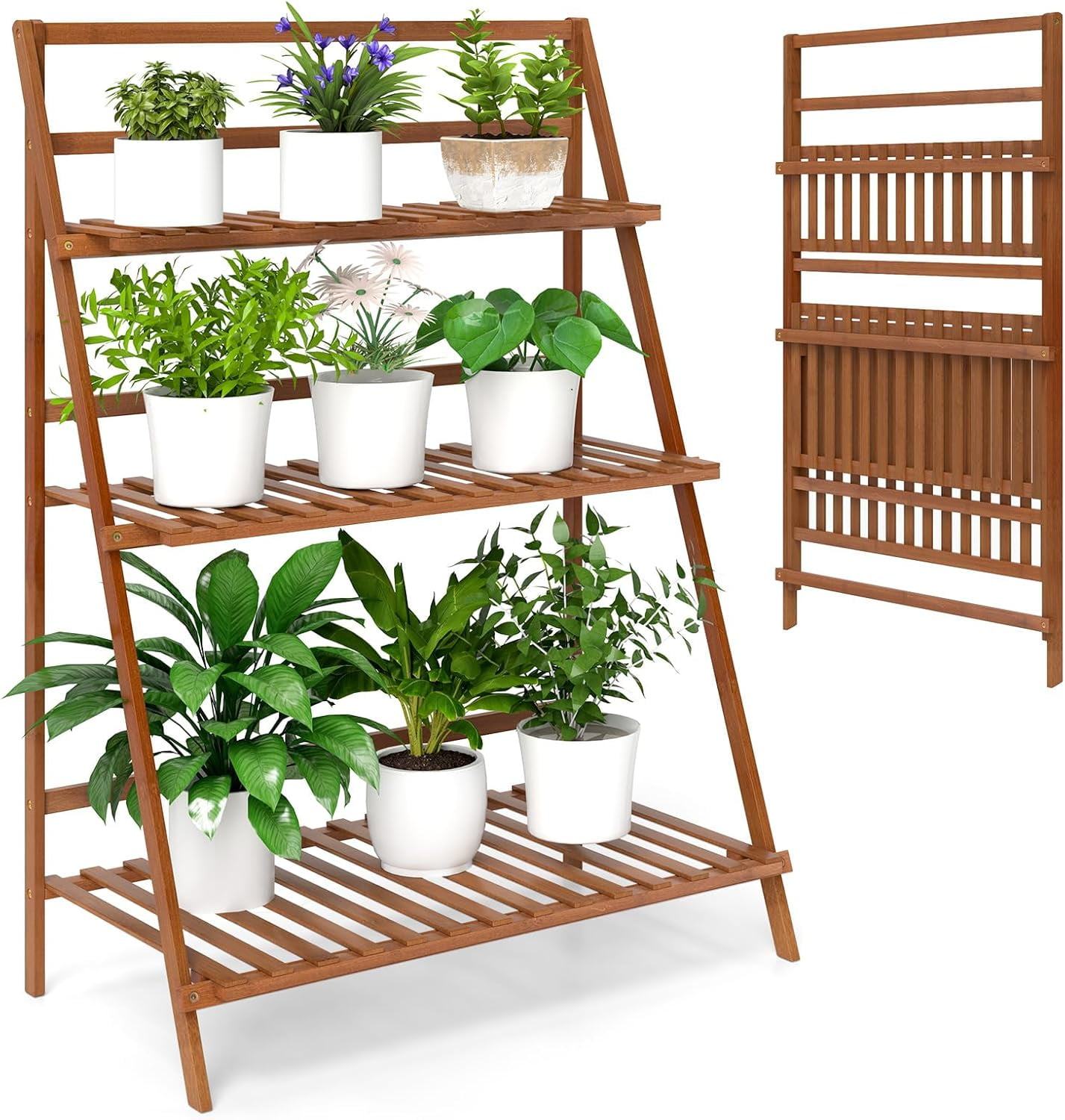 SOPTY Bamboo Ladder Plant Stand, 3 Tier Folding Bamboo Plant Shelf ...