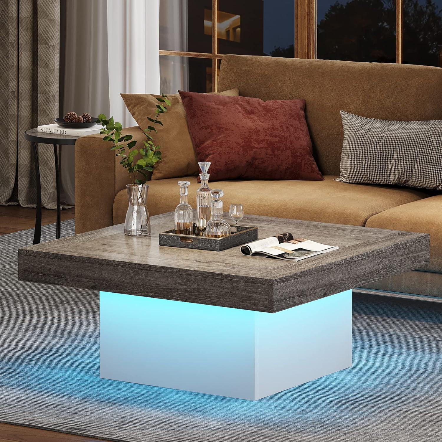 SOPTY Coffee Table Square LED Coffee Table Engineered Wood Low Coffee ...