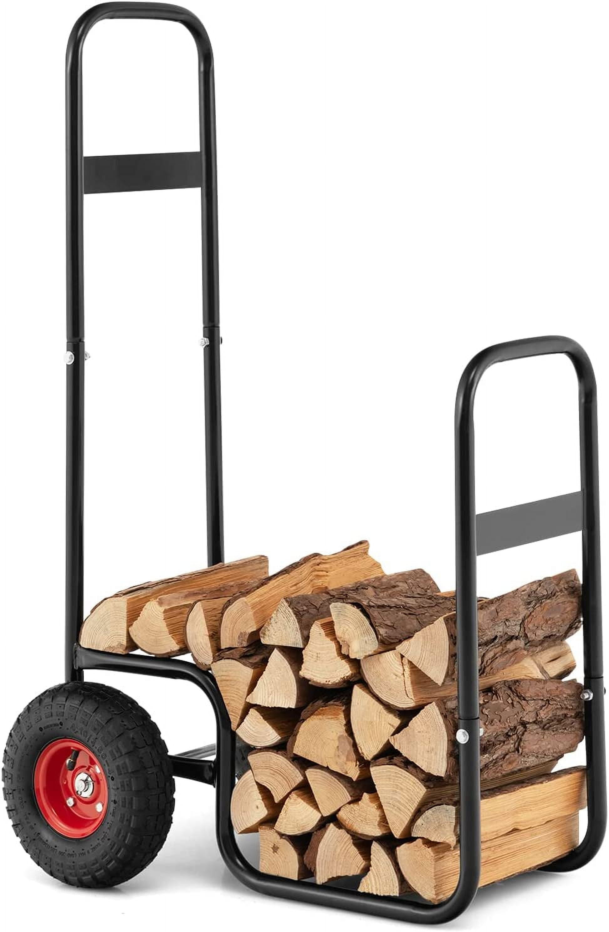 SOPTY Firewood Carrier with Wheels, Outdoor Rolling Fire Wood Log Cart ...
