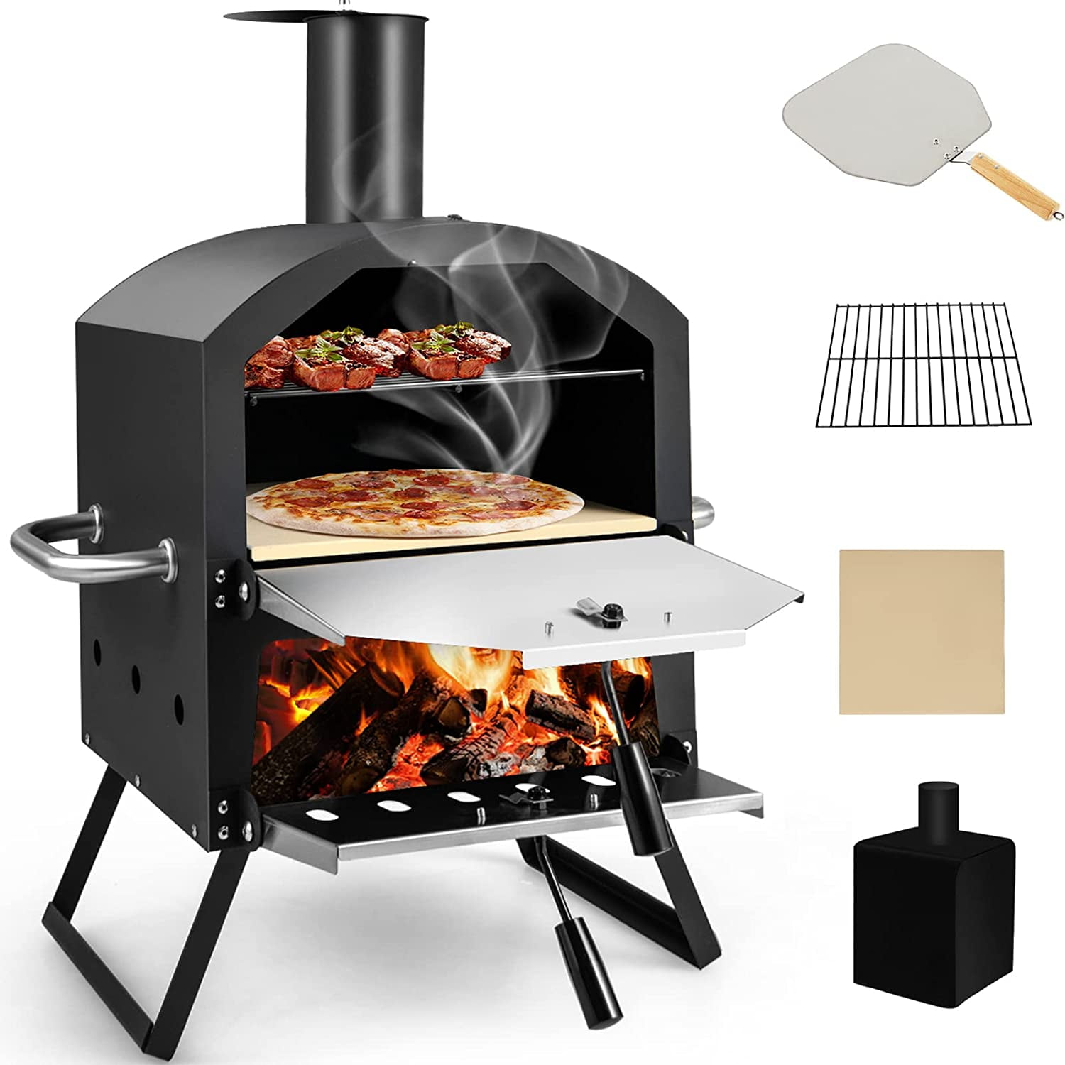 SOPTY Outdoor Pizza Oven Wood Fired, 2-Layer Pizza Maker with Pizza ...