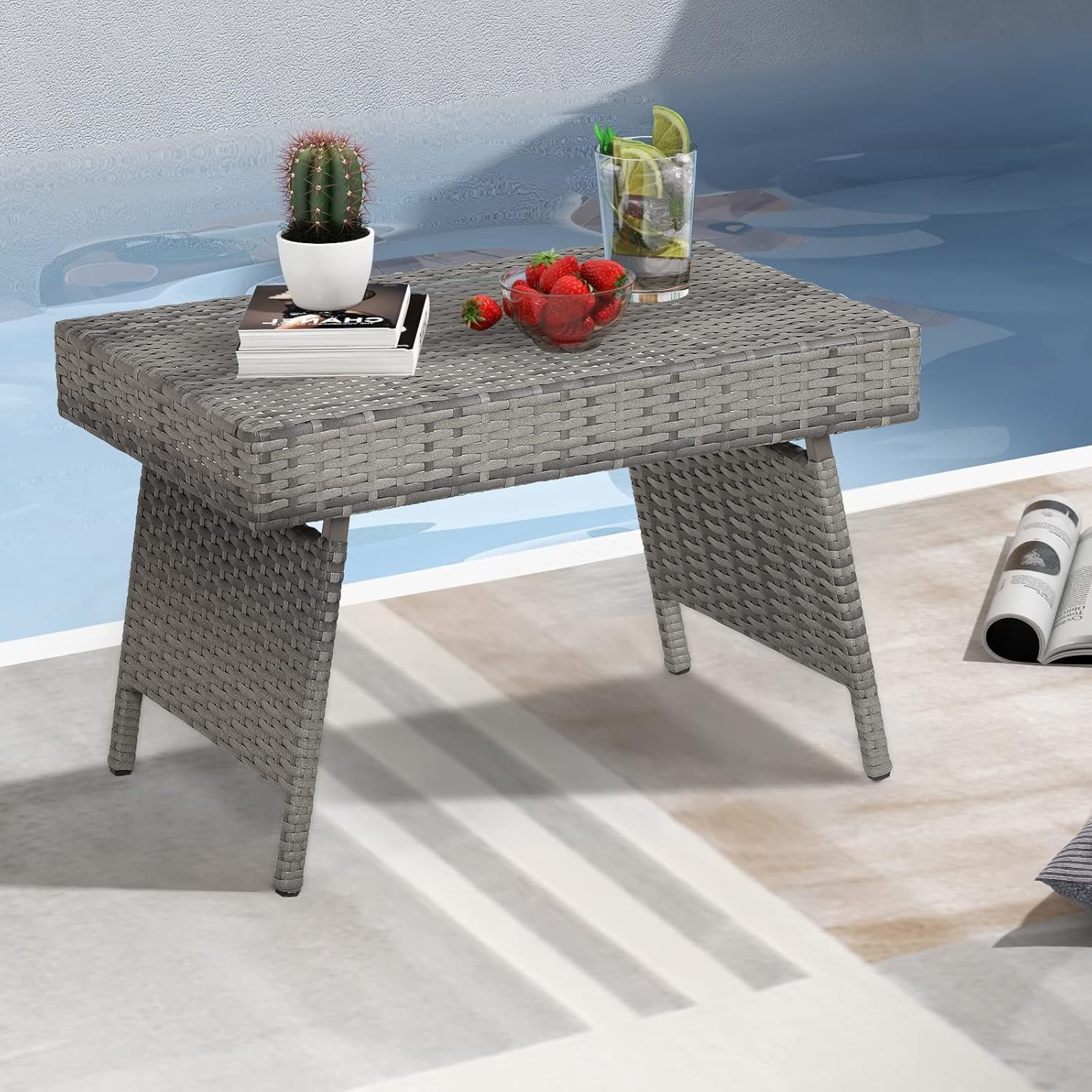 SOPTY Outdoor Wicker Table Patio Poolside Lawn Garden Rattan Steel ...