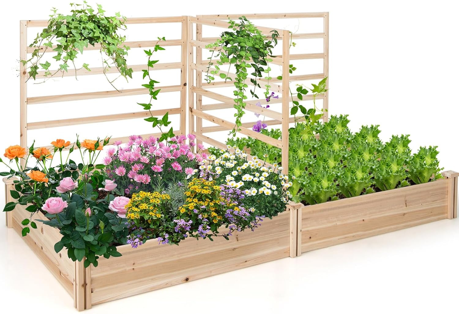SOPTY Raised Garden Bed with 3 Trellises, , Set of 2 Wood Planter Box ...
