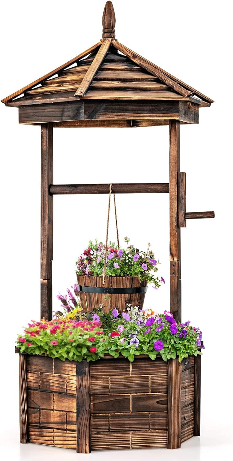 SOPTY Rustic Wooden Wishing Well Planter with Hanging Bucket, Roof ...