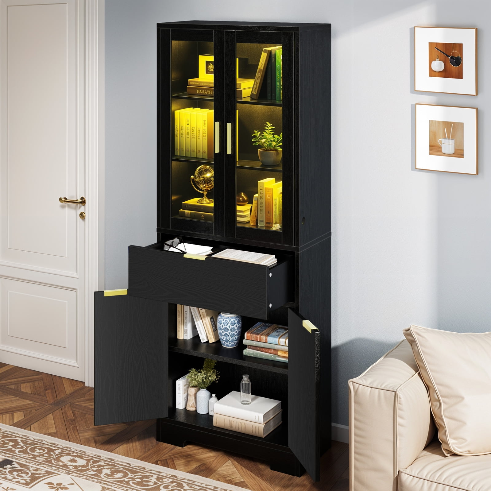 SOPTY Storage Cabinet with LED Lights, Tall Bookcase with Drawers and ...