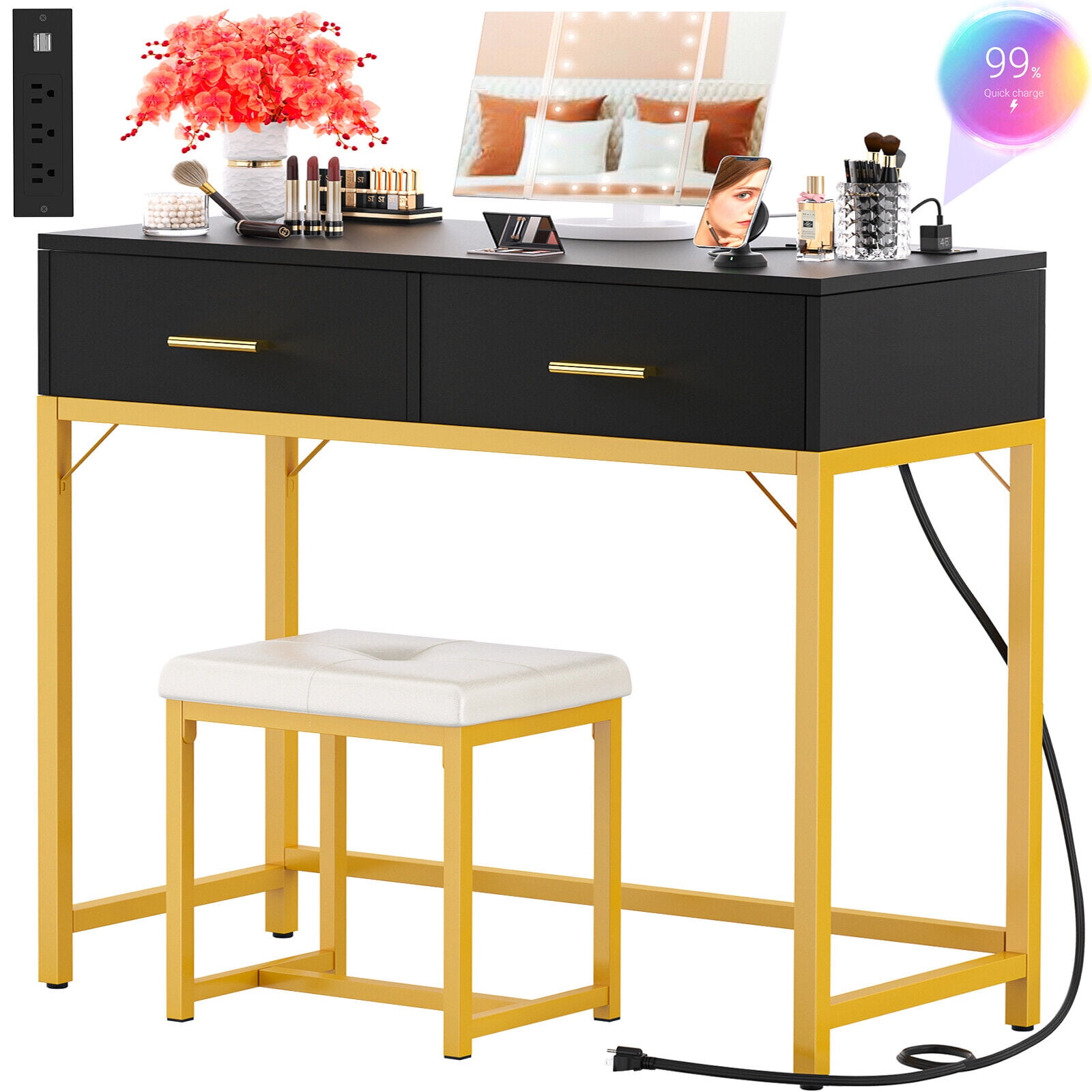 SOPTY Vanity Desk with Charging Station, White Makeup Vanity with ...