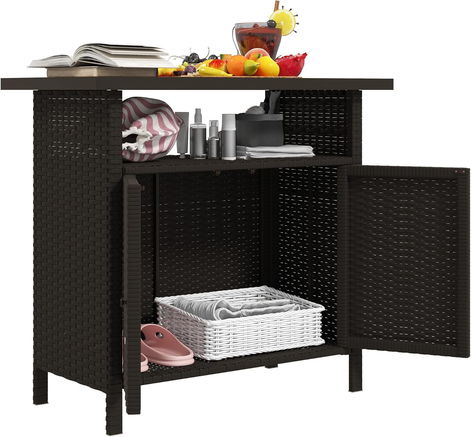 SOPTY Wicker Outdoor Storage Cabinet, Rattan Outdoor Bar Table with 2 ...