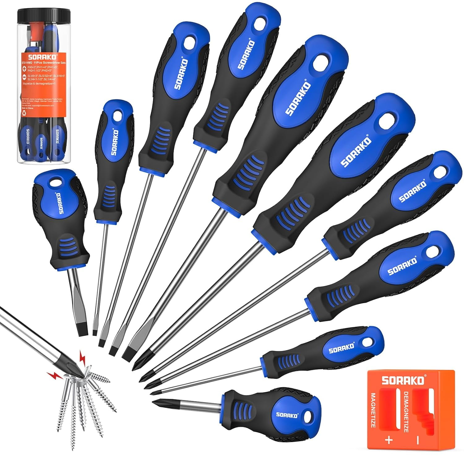 SORAKO 11-Piece Magnetic Screwdriver Set, 5 Phillips and 5 Slotted Tips ...