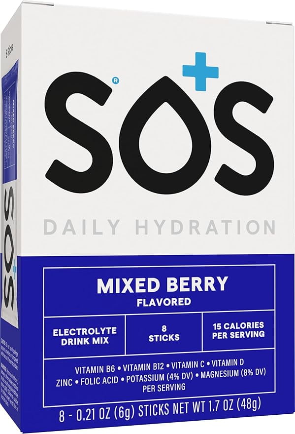 SOS Hydration Electrolyte Powder Packets, Mixed Berry Flavor Sticks, 8 ...