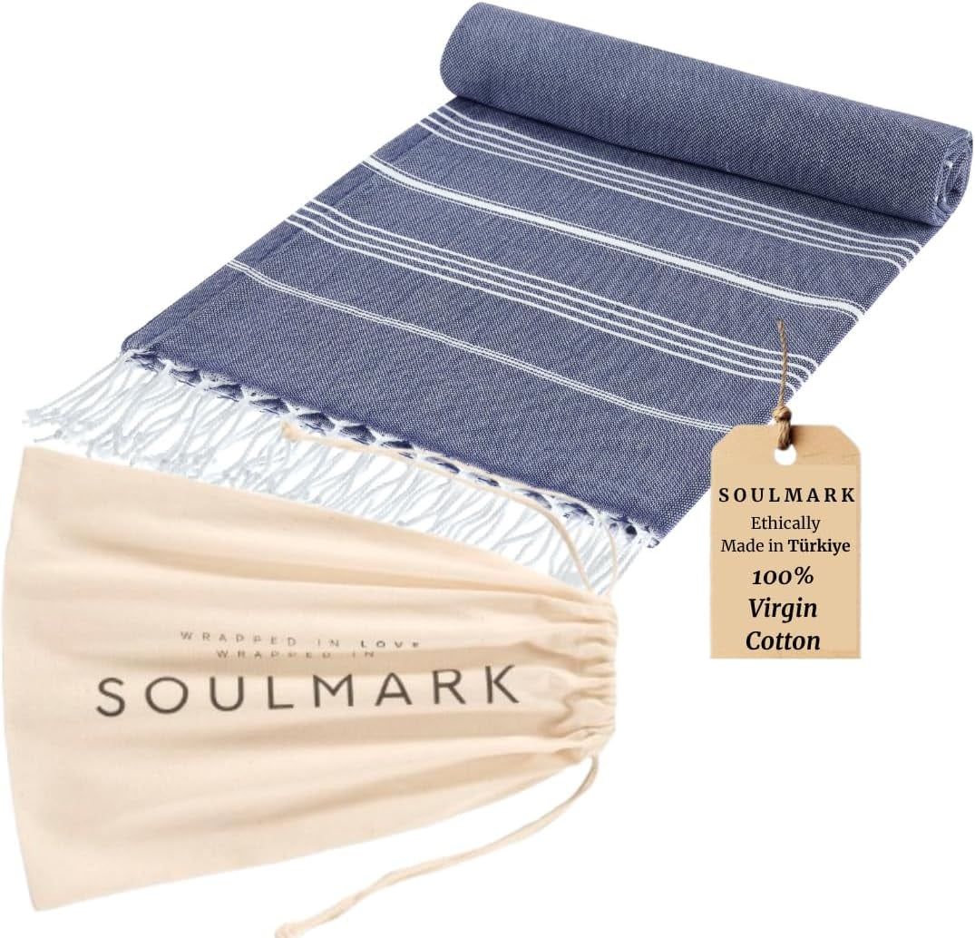 SOULMARK 100% Cotton Turkish Beach Towel with Bag – 38" x 71" – Oeko ...