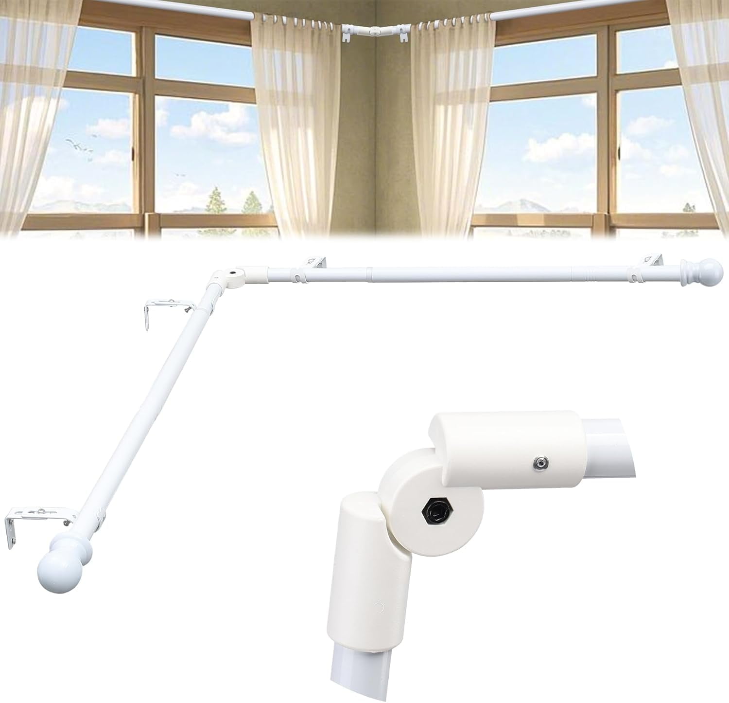 SOUMNS 1" White Bay Window Curtain Rods, 30" -136"Tecescoping Corner ...