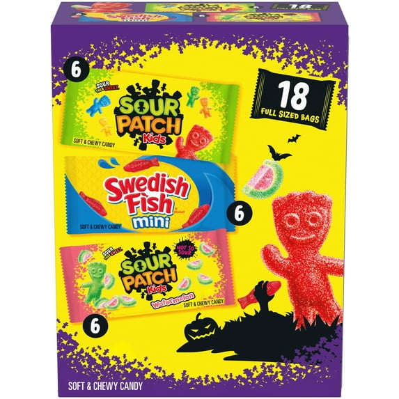 SOUR PATCH KIDS and SWEDISH FISH Mini Soft & Chewy Halloween Candy Variety Pack, 18 Snack Packs ...