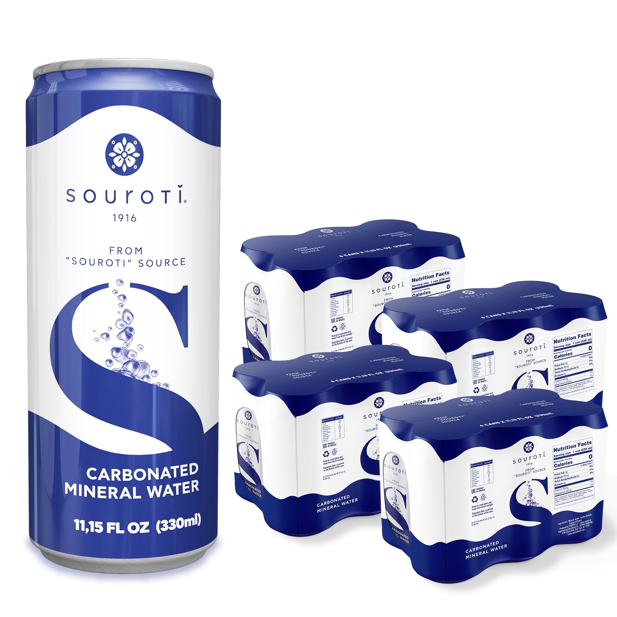 SOUROTI Sparkling Unflavored Carbonated Mineral Water 24-Can , 11.15 fl oz , Imported from ...