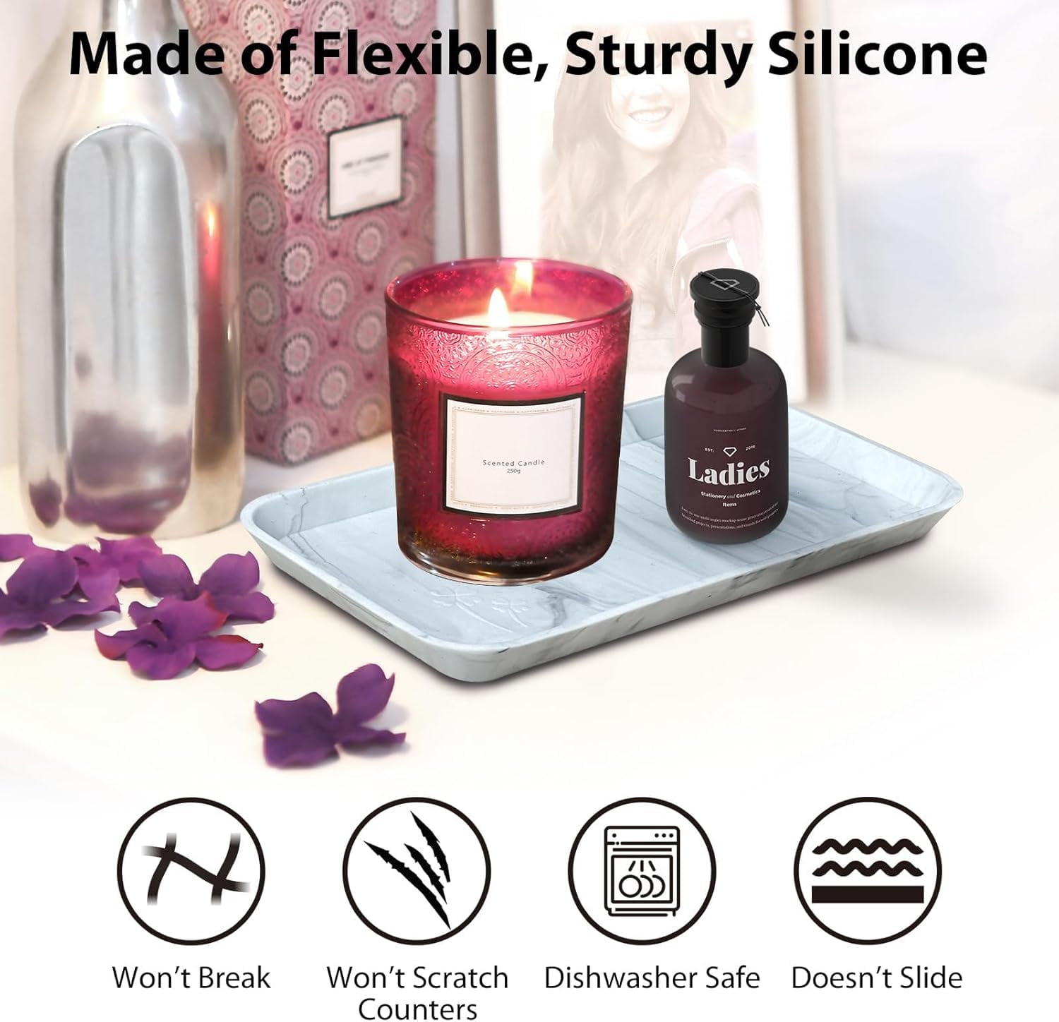 SOWEIS-2 Pcs Countertop Vanity Tray, Bathroom Silicone Shatterproof ...