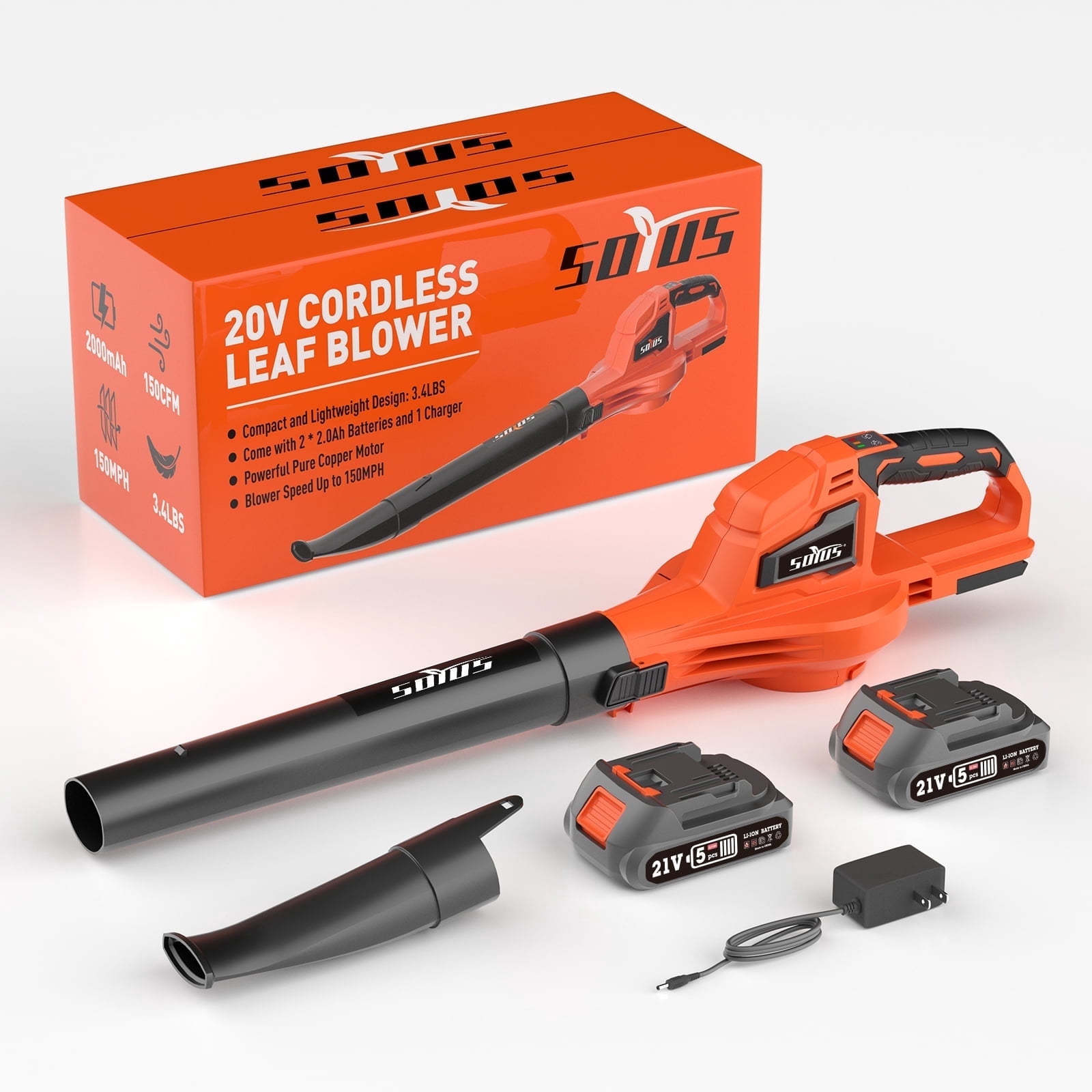 SOYUS 20V Cordless Leaf Blower, 150 MPH 150 CFM, Lightweight, Two 2.0Ah ...