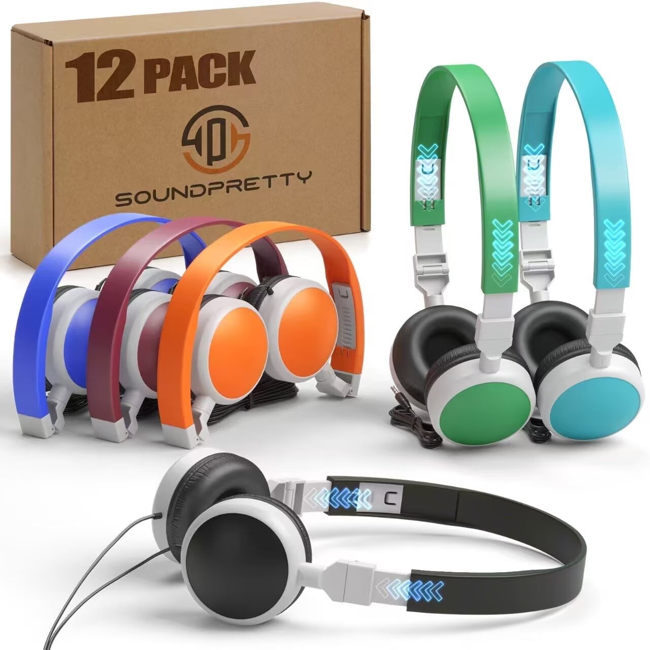 SP SOUNDPRETTY Bulk Classroom Headphones 12-Pack - 6 Colors (2 Each) No Mic Kids Headphones ...
