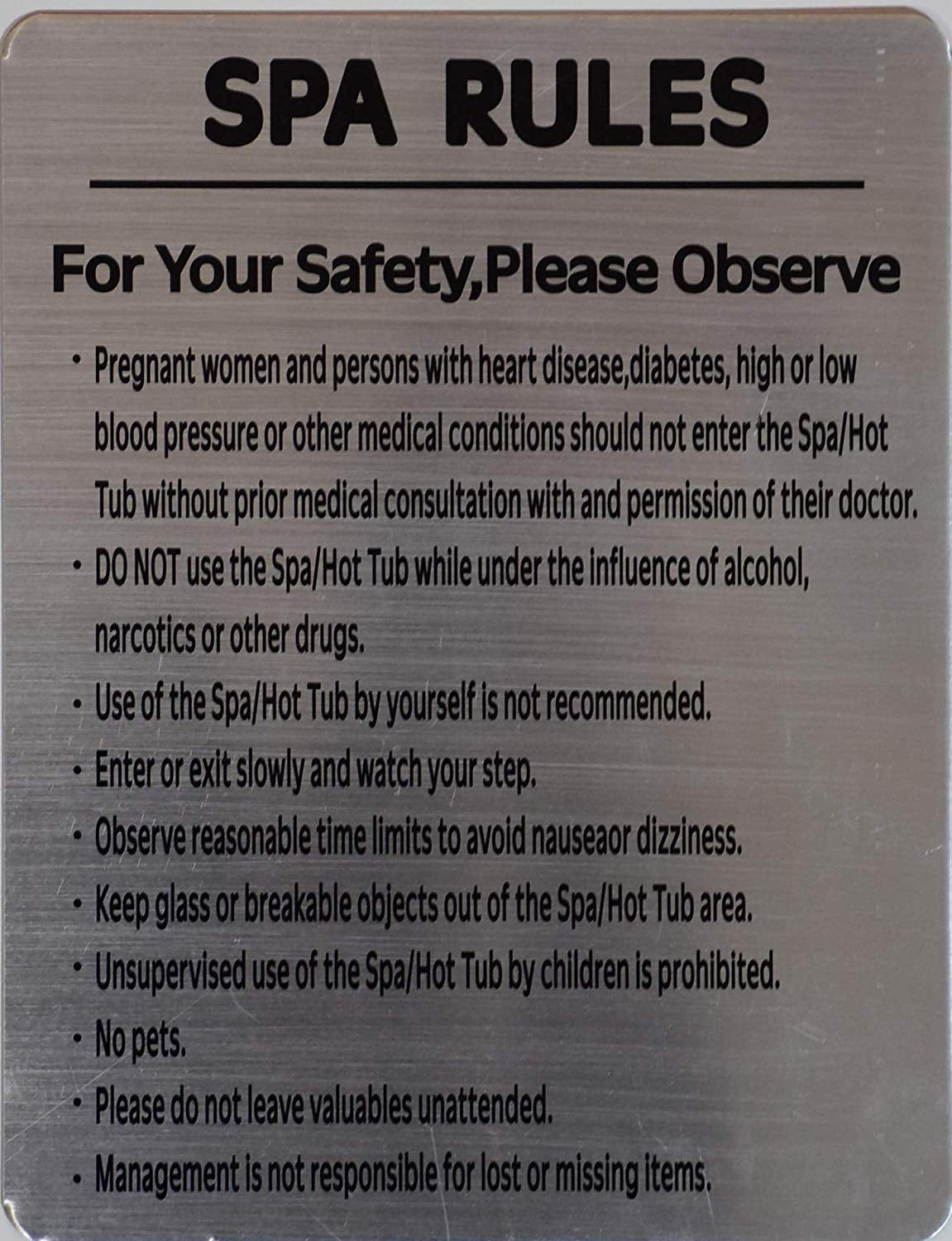 SPA Rules Sign (8.5x11, Brush Aluminium, with Duble Sided Tape ...