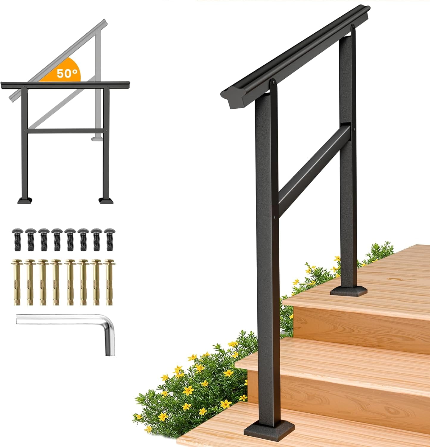 SPACEEUP Hand Rails for Outdoor Steps,3 Step Handrail，36" x 34" Fits 0 ...