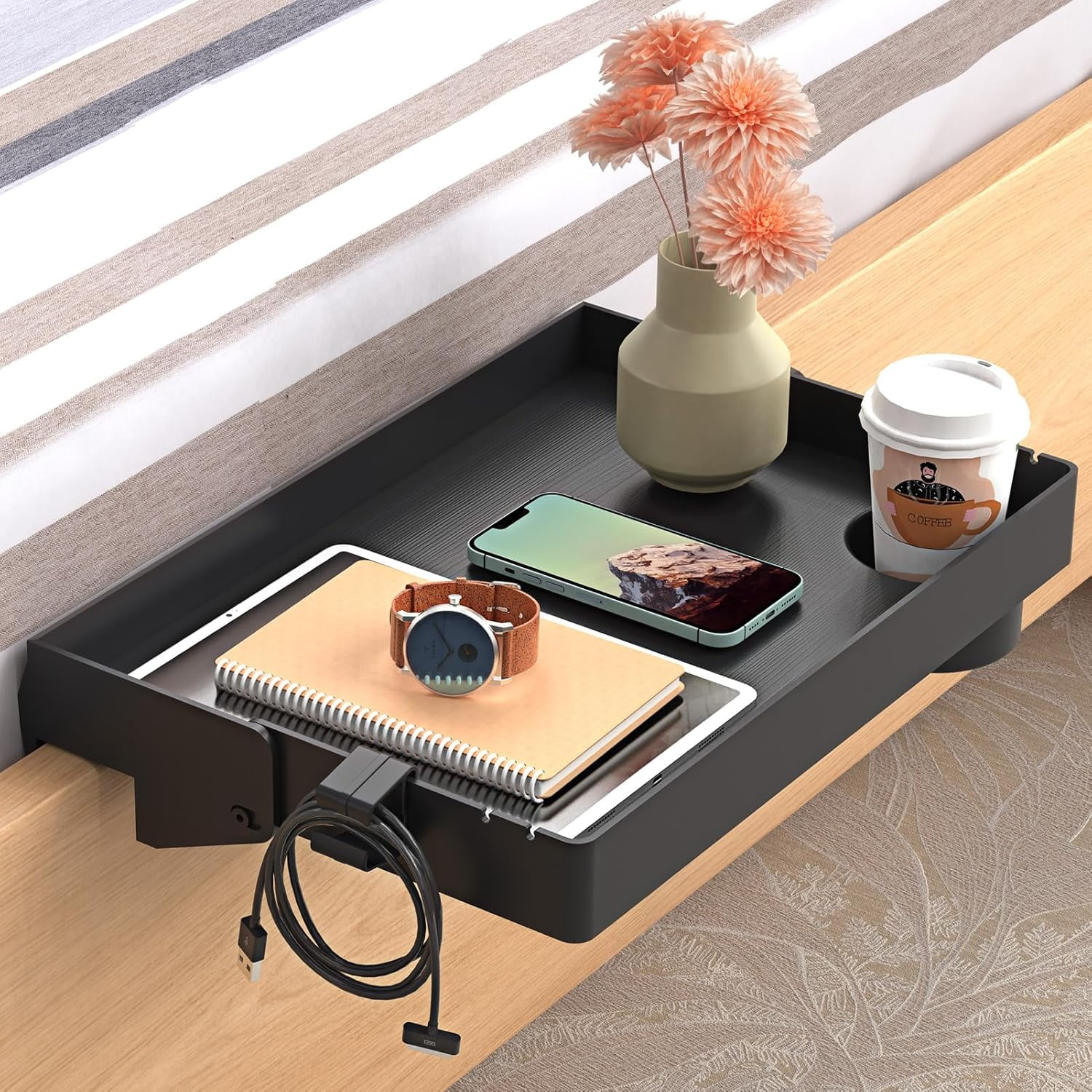 SPACELEAD Bedside Shelf for Bed – College Dorm Room Clip On Nightstand with Cup Holder & Cord ...