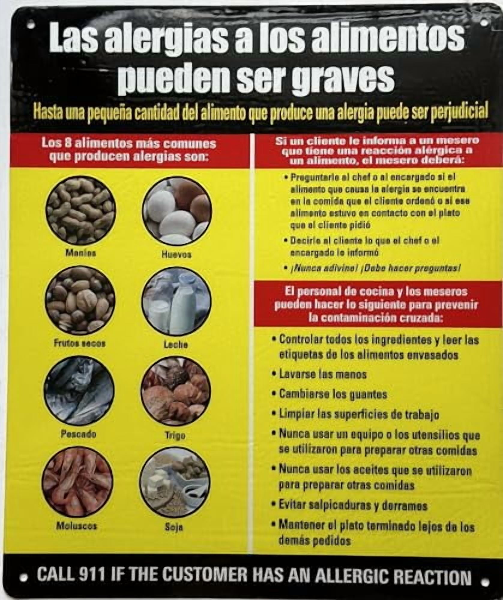 SPANISH FOOD ALLERGIES SIGN - FOOD ALLERGY SIGN FOR RESTURANT (WHITE ...