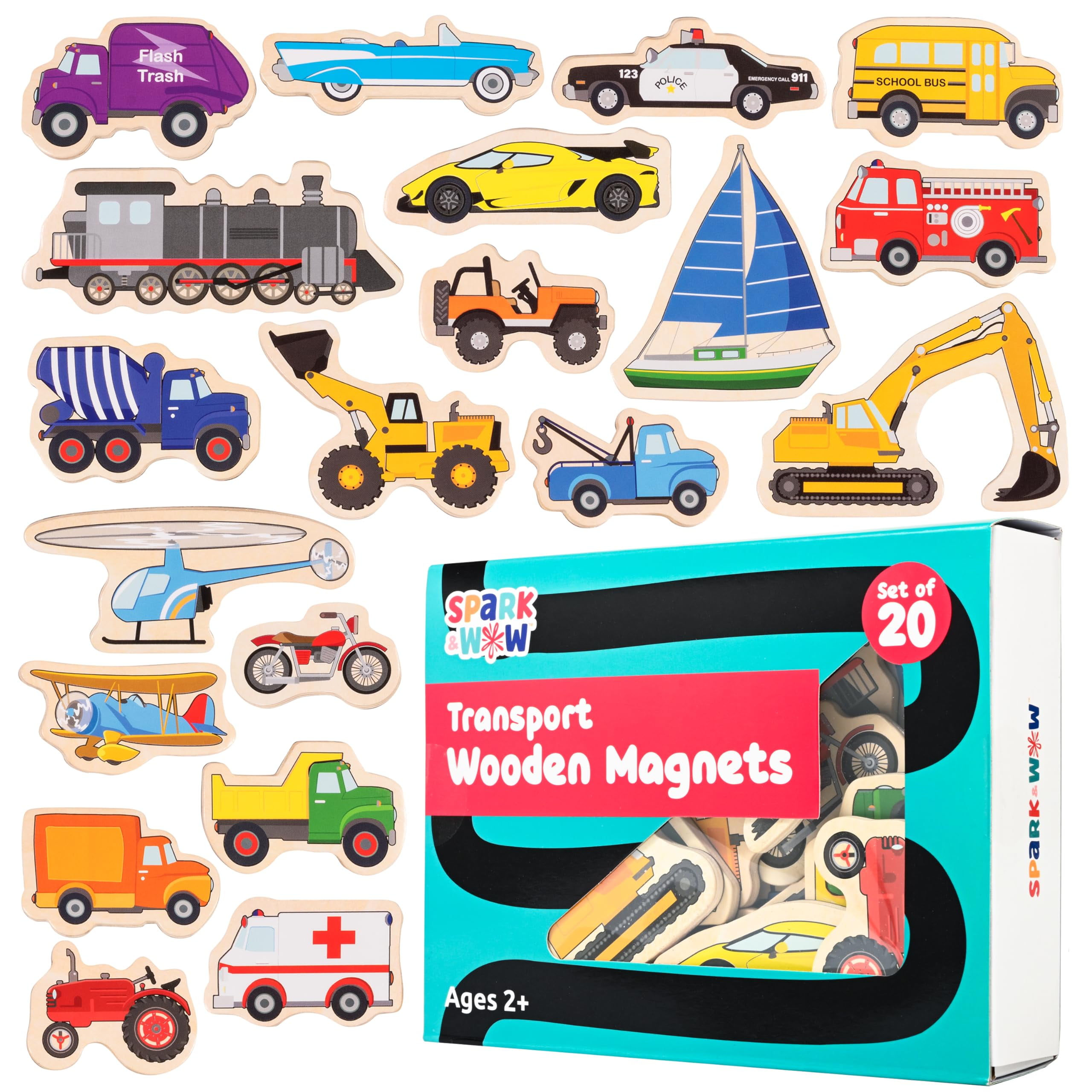 SPARK & WOW Wooden Magnets - Transport - Set of 20 - Magnets for Kids ...