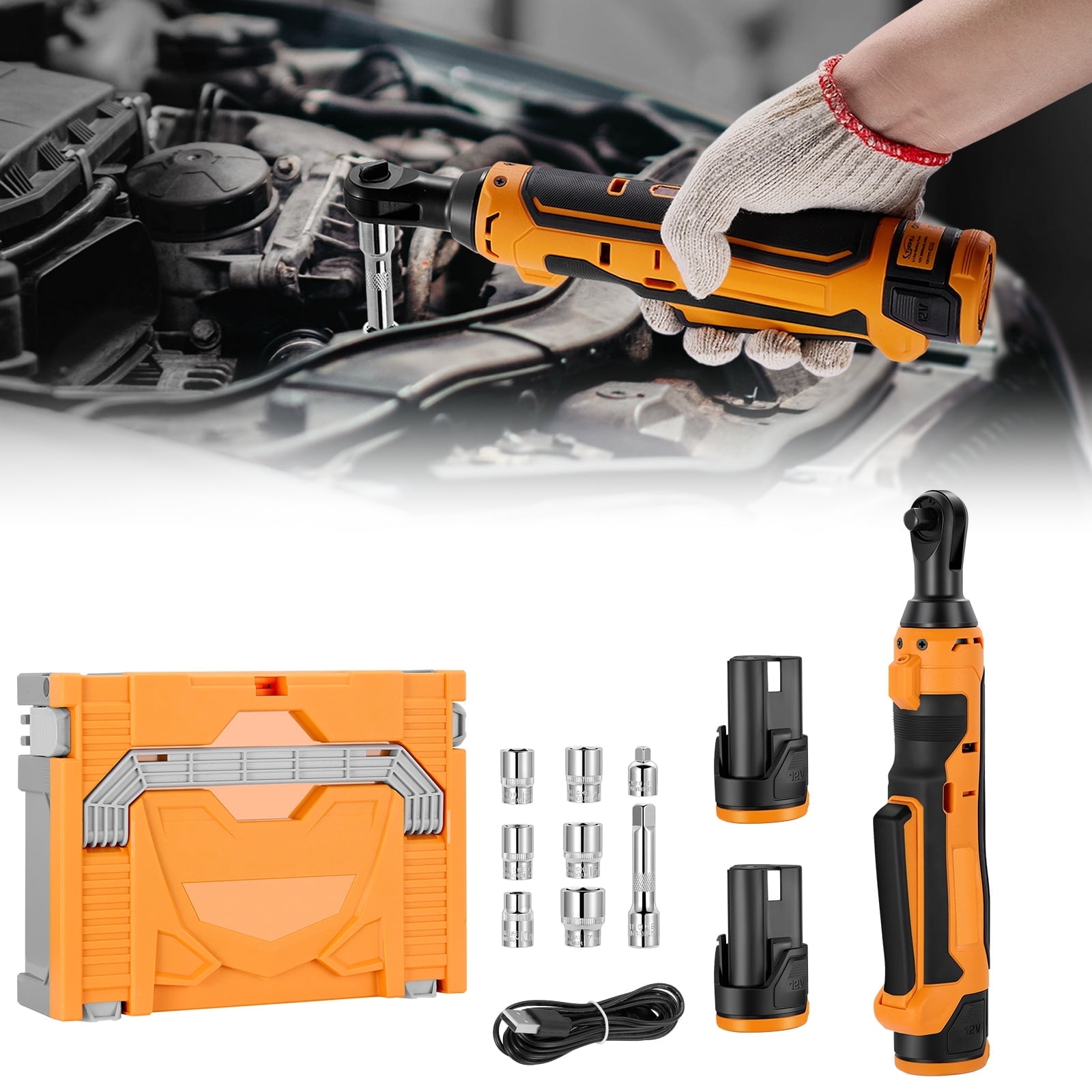 SPBTAR 3/8" Cordless Electric Ratchet Wrench Set, 12V Power Ratchet ...