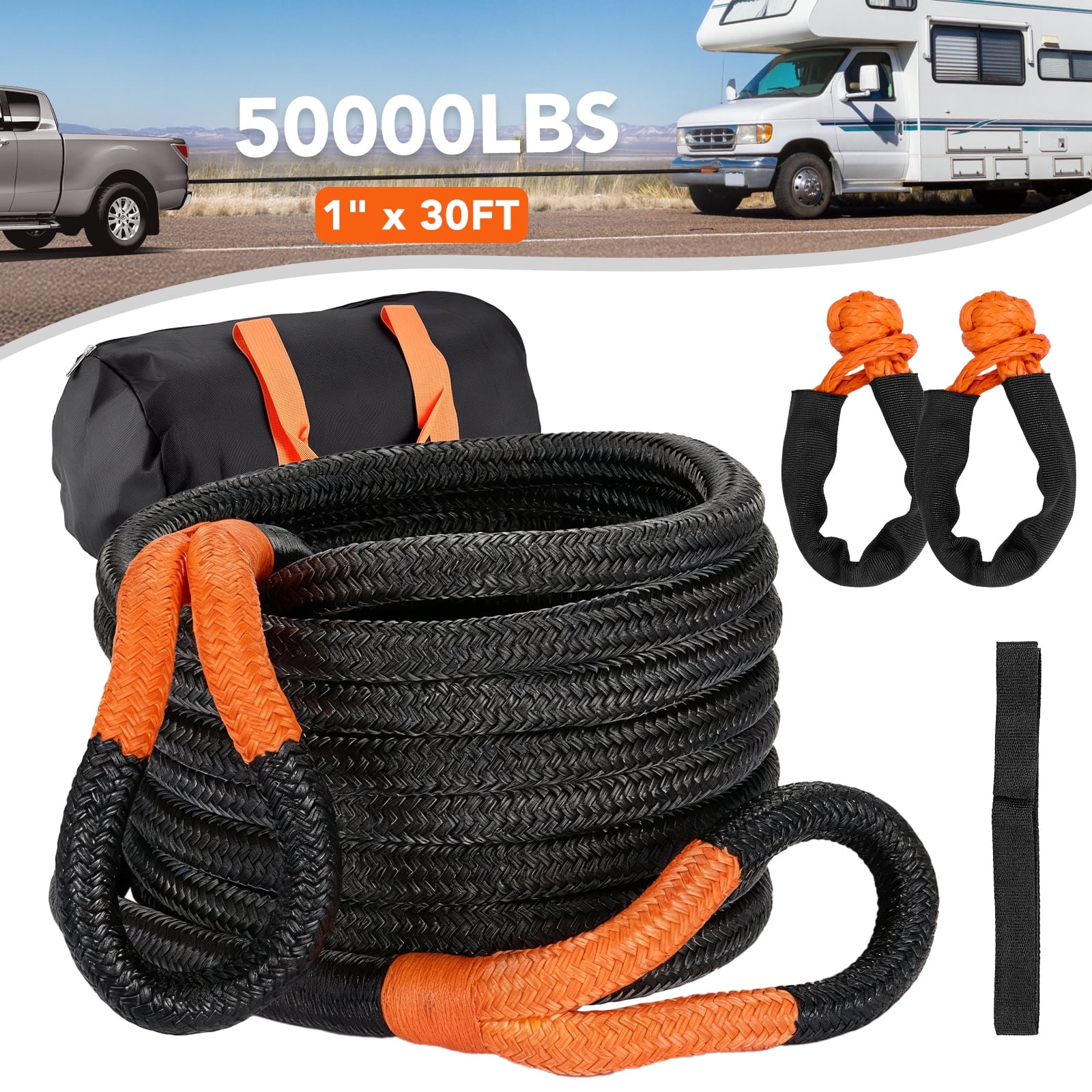SPBTAR Kinetic Recovery Tow Rope, 1" x 30FT 50000LBS with Two Soft ...