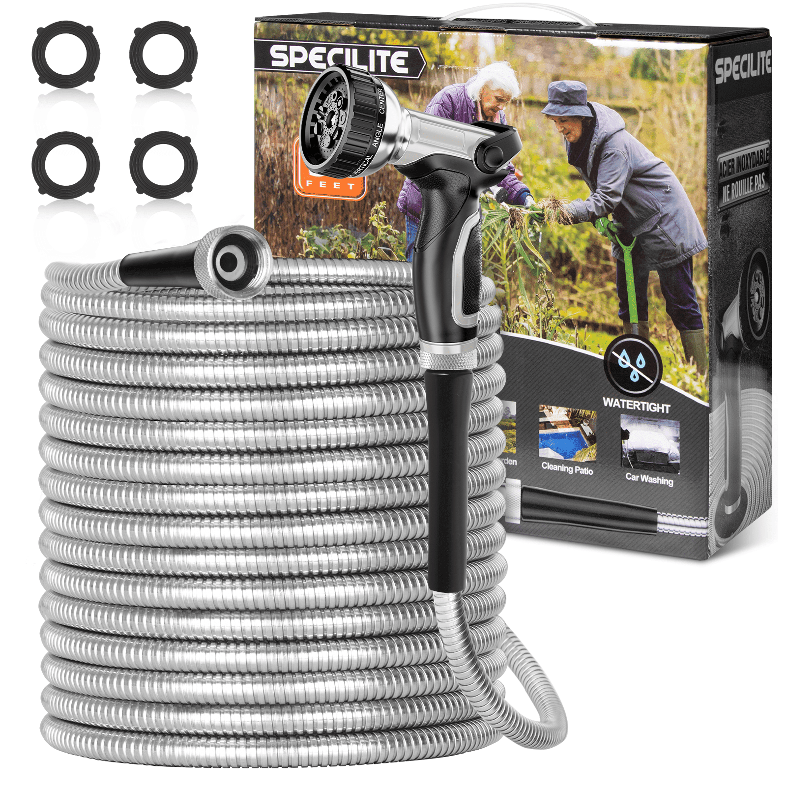 SPECILITE 25ft Heavy Duty 304 Stainless Steel Garden Hose, Flexible, No ...