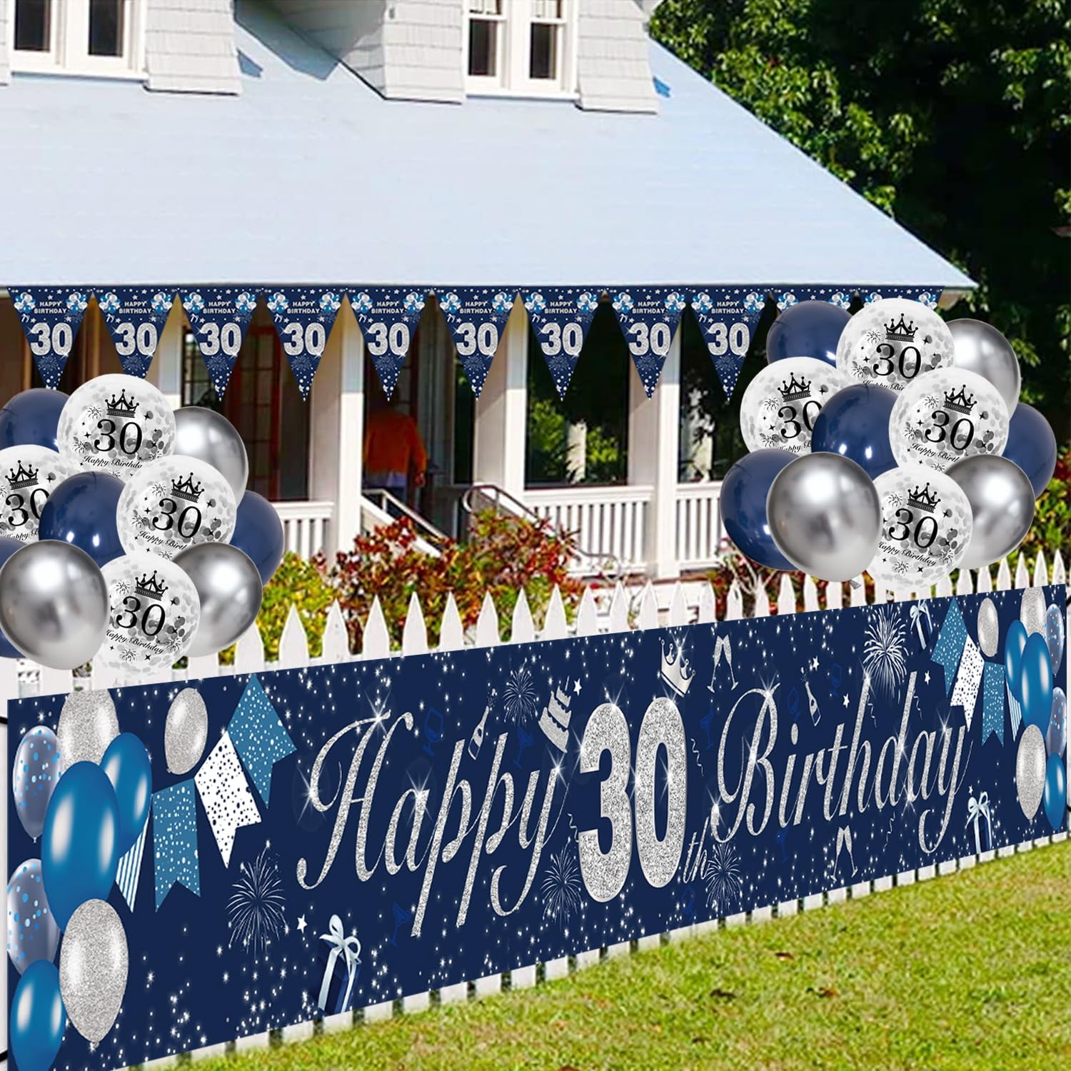SPECOOL 30th Birthday Decorations, Navy Blue Silver 30th Happy Birthday ...