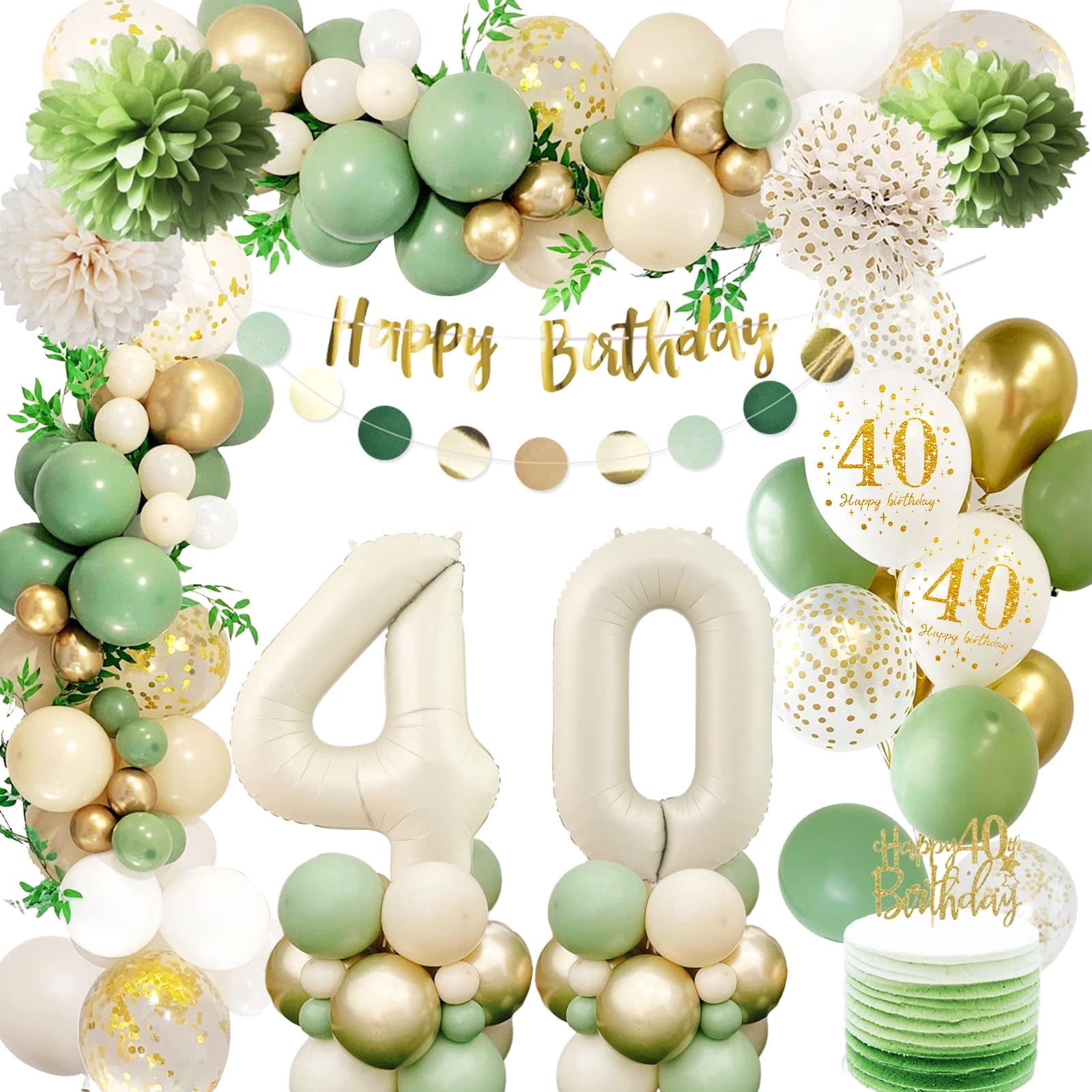 YANSION 40th Birthday Balloons Decorations, Sage Green Gold and Beige ...