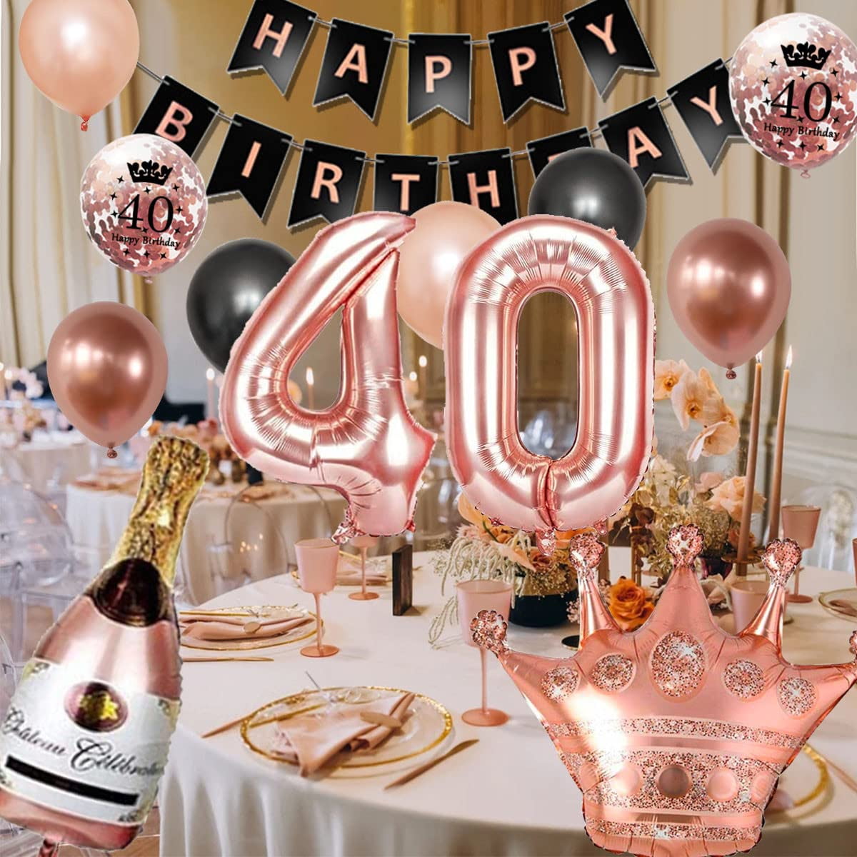 SPECOOL 40th Birthday Decorations Black Rose Gold 40th Happy Birthday Banner Number 40 Balloon Rose Gold Confetti Balloons 40th Printed Balloons Rose Gold for Women 40th Birthday Party Walmart