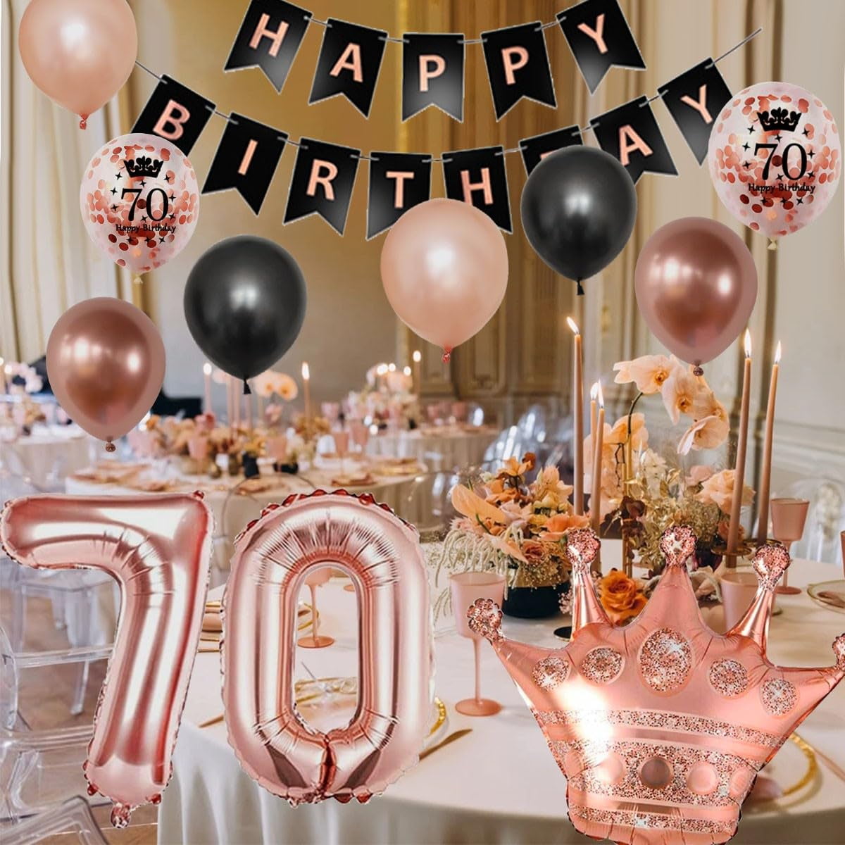SPECOOL 70th Birthday Decorations for Women, 70th Birthday Balloons, Rose Gold and Black Balloon ...