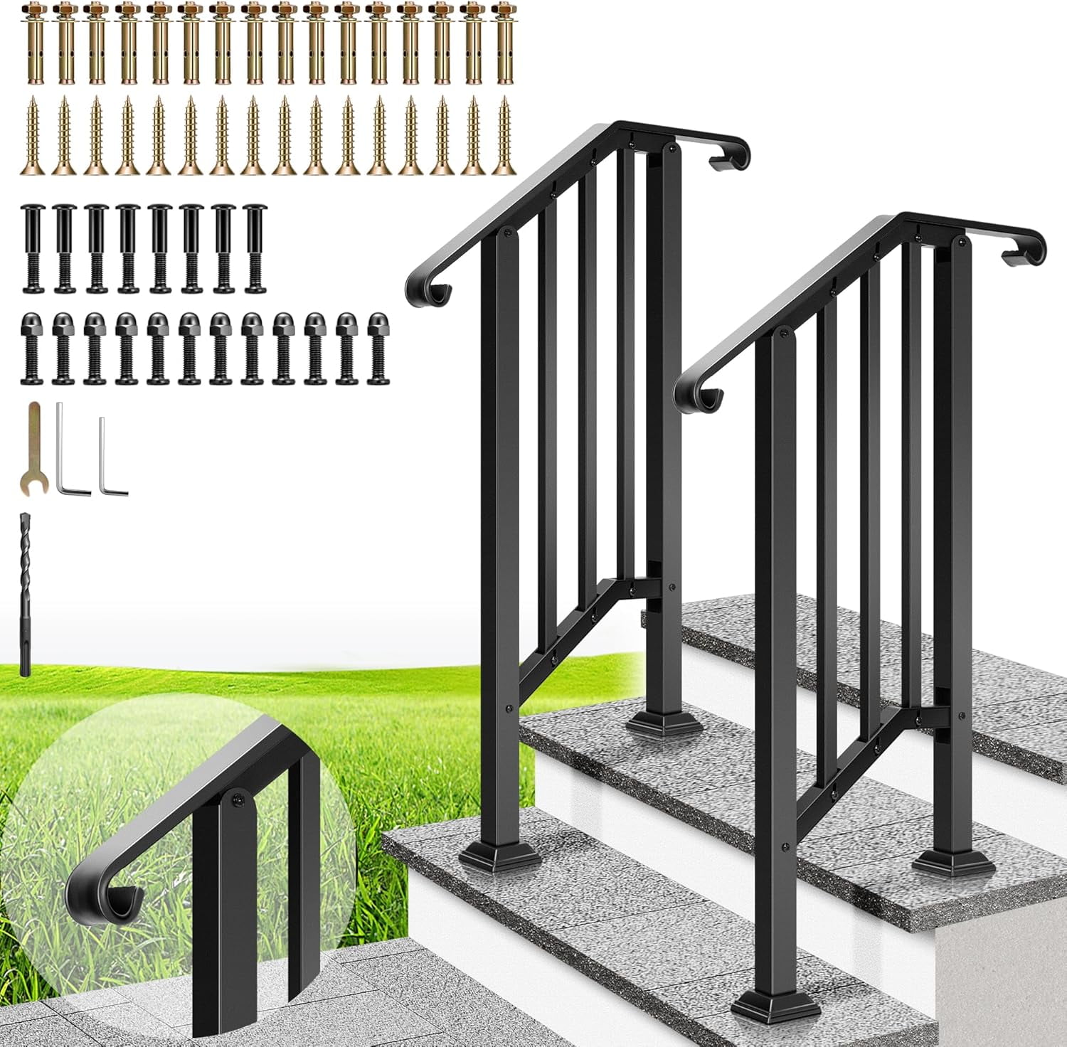 SPECSTAR 2-Pack Hand Rails for Outdoor Steps, 2-3 Steps Wrought Iron ...