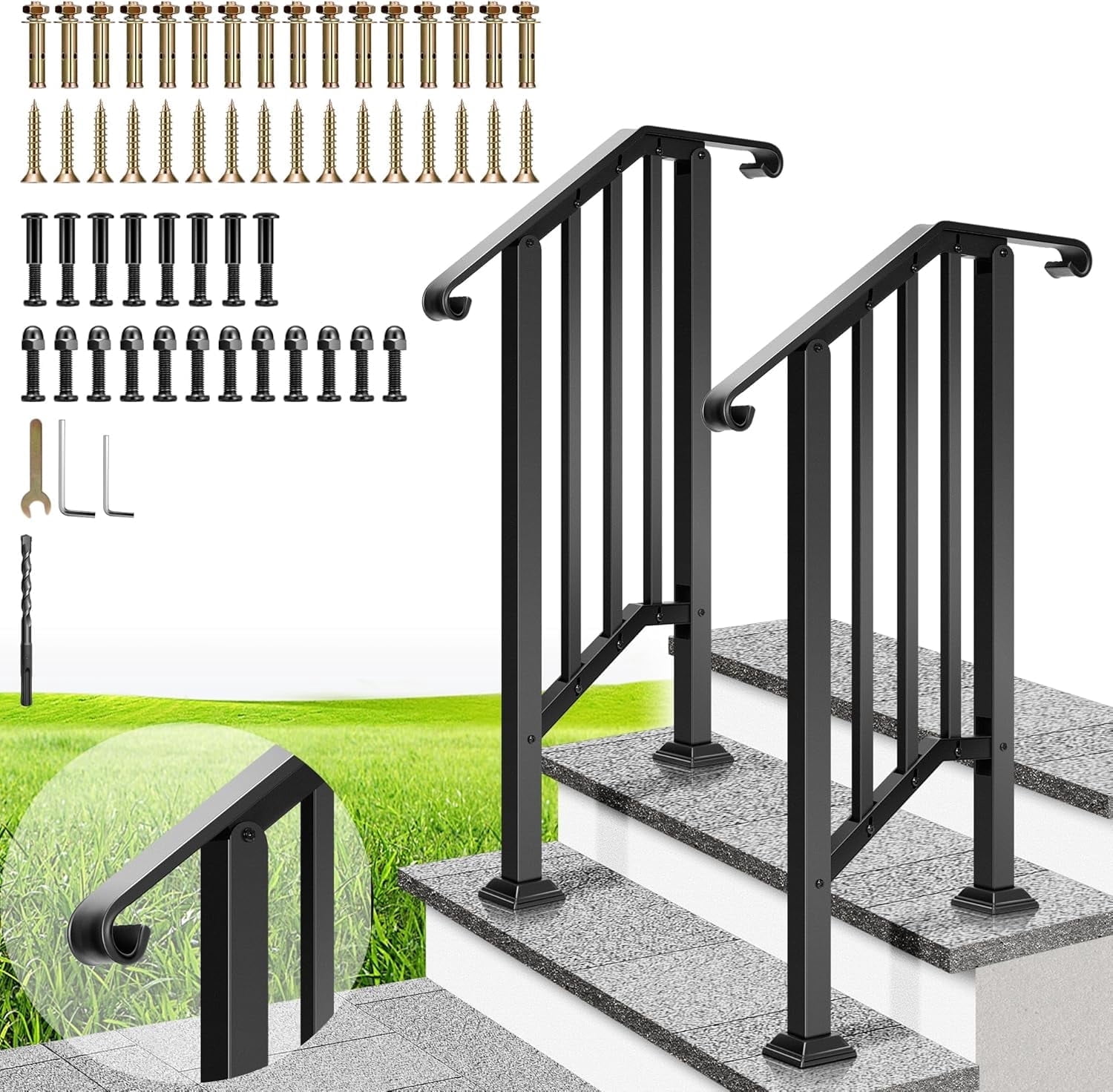 SPECSTAR Hand Rails for Outdoor Steps 2 Pack Galvanized Steel with ...