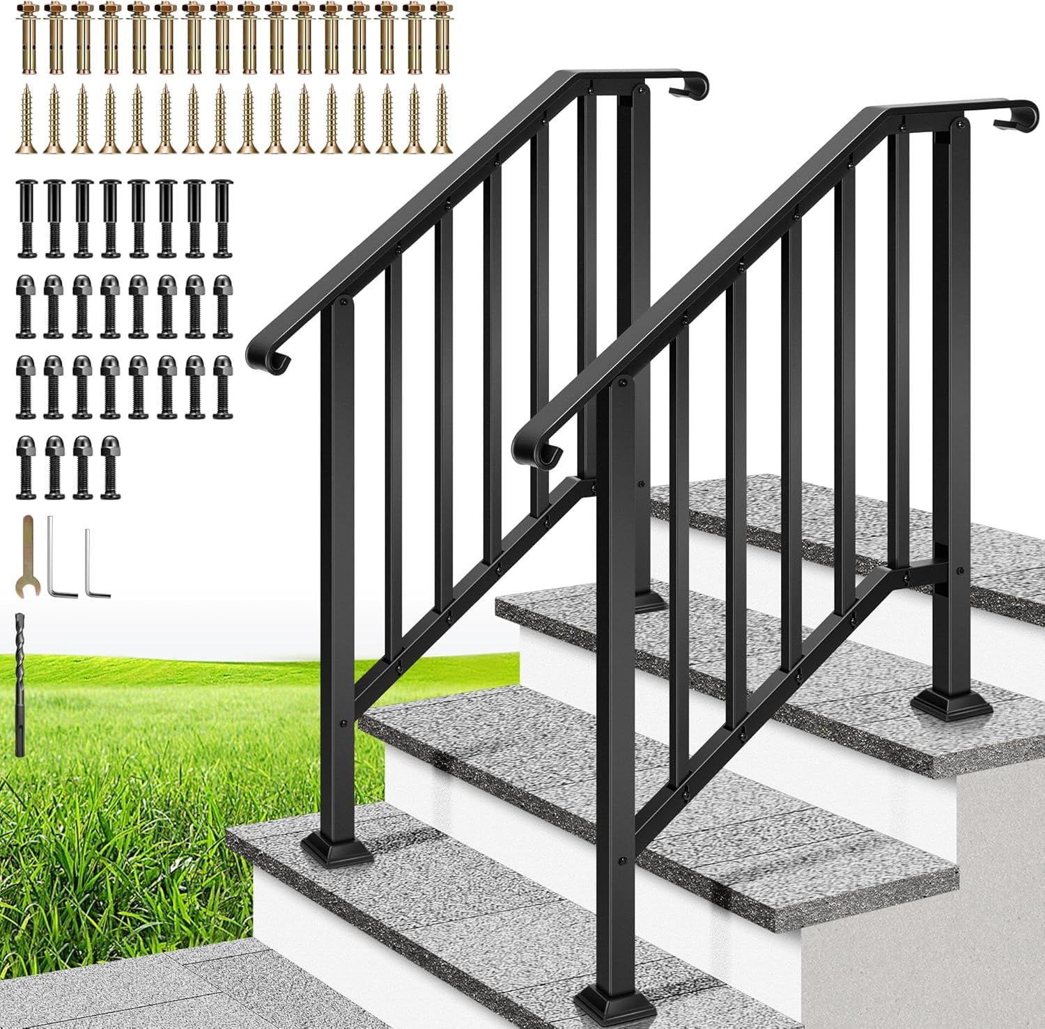 SPECSTAR 2-Pack Hand Rails for Outdoor Steps, 3-4 Steps Wrought Iron ...