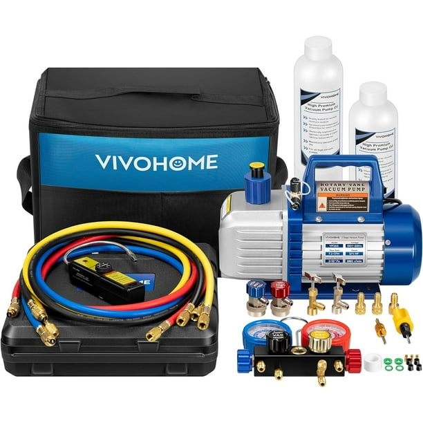 SPECSTAR 110V 3 4 HP 7.2CFM 2 Stage HVAC Vacuum Pump and 4 Way AC Manifold Gauge Set Kit with Leak Detector 5ft Hoses for R134a R12 R22 R502 R410a Auto Air Conditioning