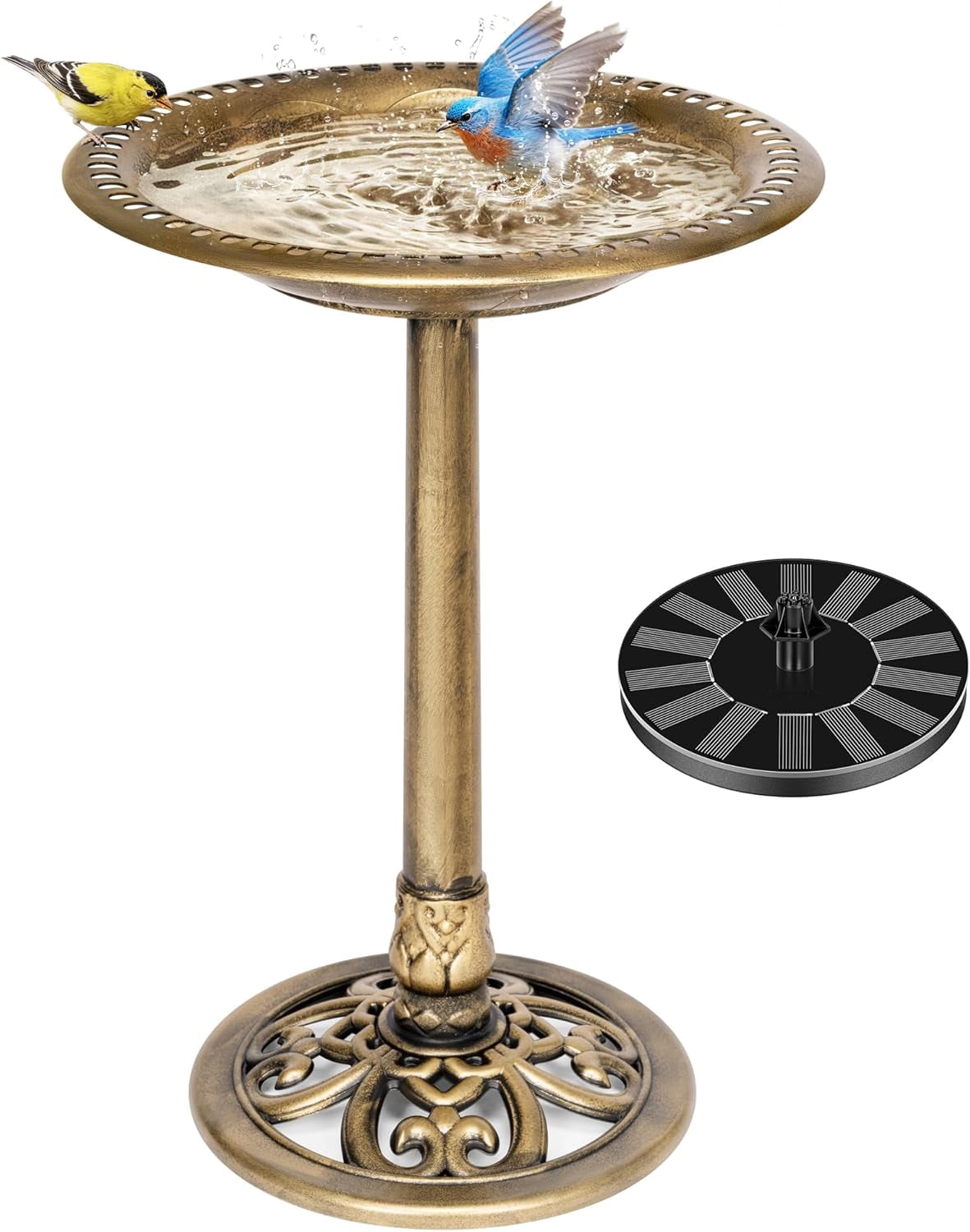 SPECSTAR Bird Bath, Antique Golden Polyresin Garden Birdbath with Solar ...