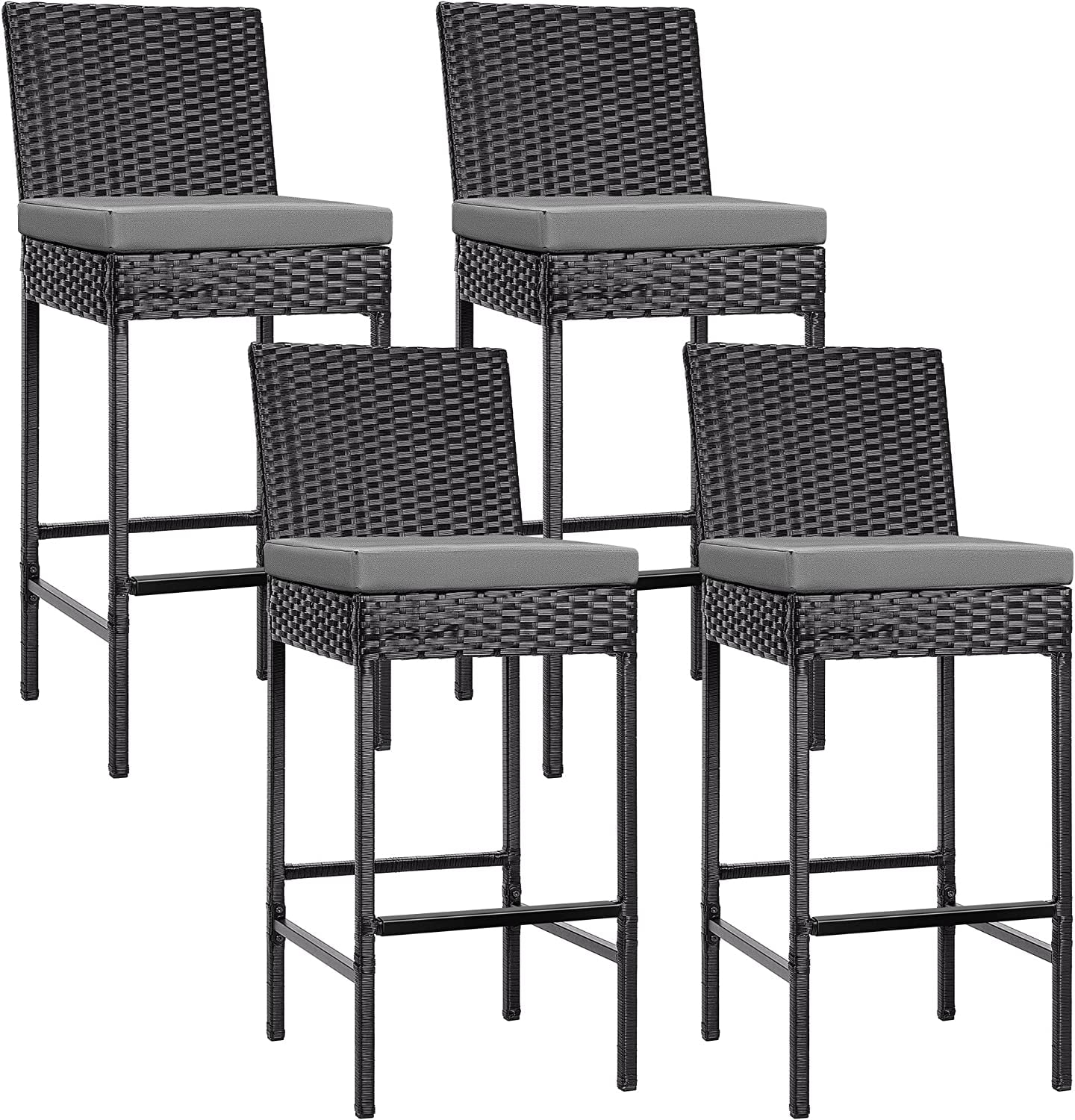 "SPECSTAR Outdoor Wicker Bar Stools, Set of 4, Black Rattan, Cushions ...