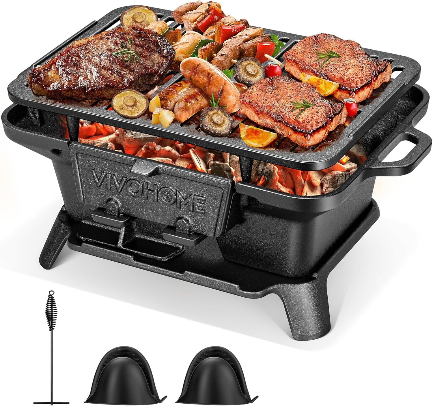 SPECSTAR Rectangle Cast Iron Charcoal Grill with Double-Sided Grate ...
