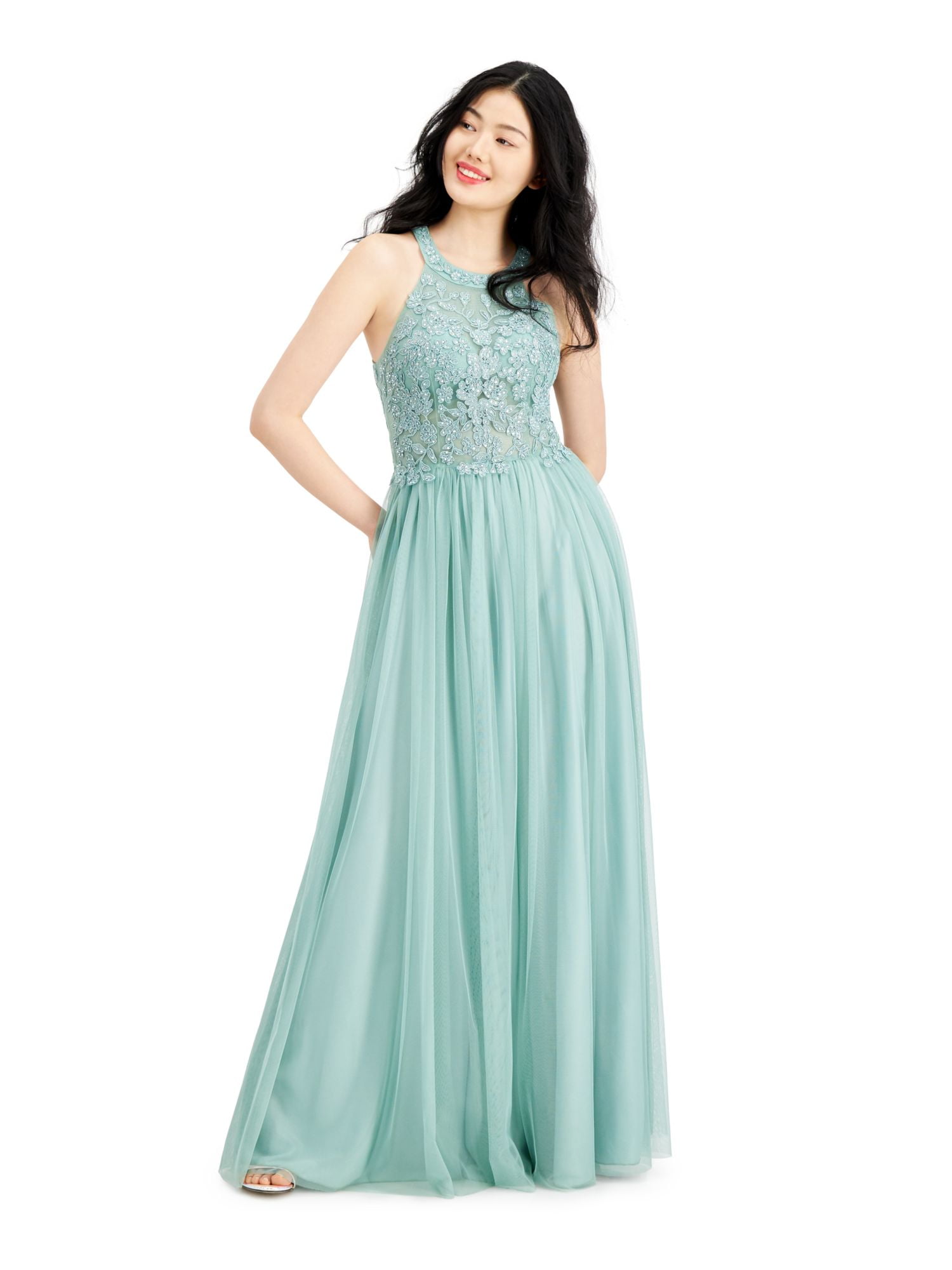 SPEECHLESS Womens Green Embellished Lace Gown Sleeveless Halter Full ...