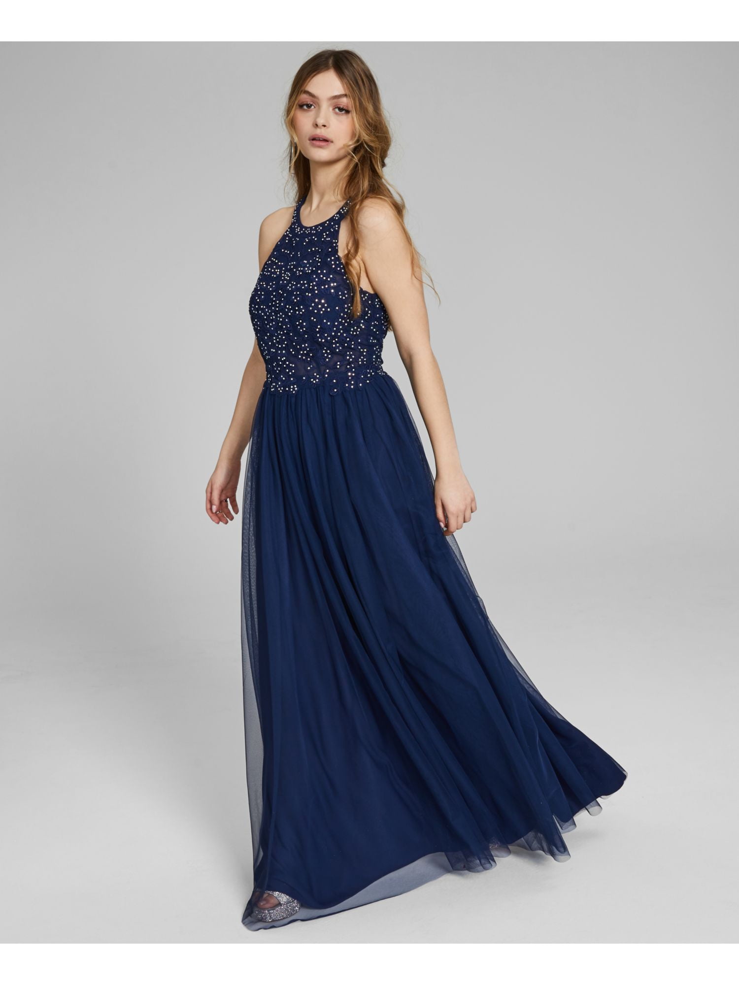 SPEECHLESS Womens Navy Embellished Zippered Keyhole Back Sheer Tulle ...