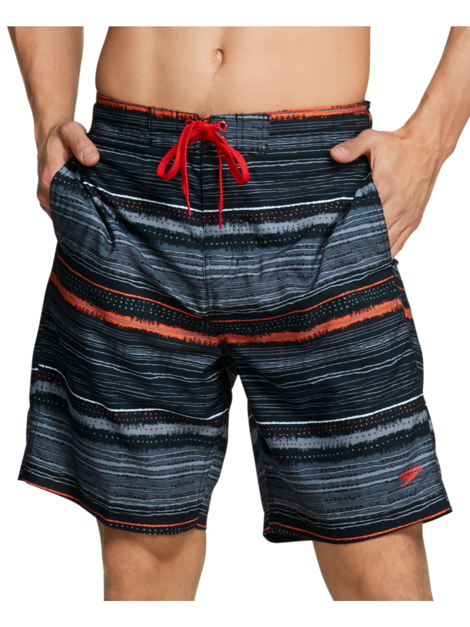 SPEEDO Mens Black Drawstring Lined Striped Athletic Fit Swim Trunks M ...