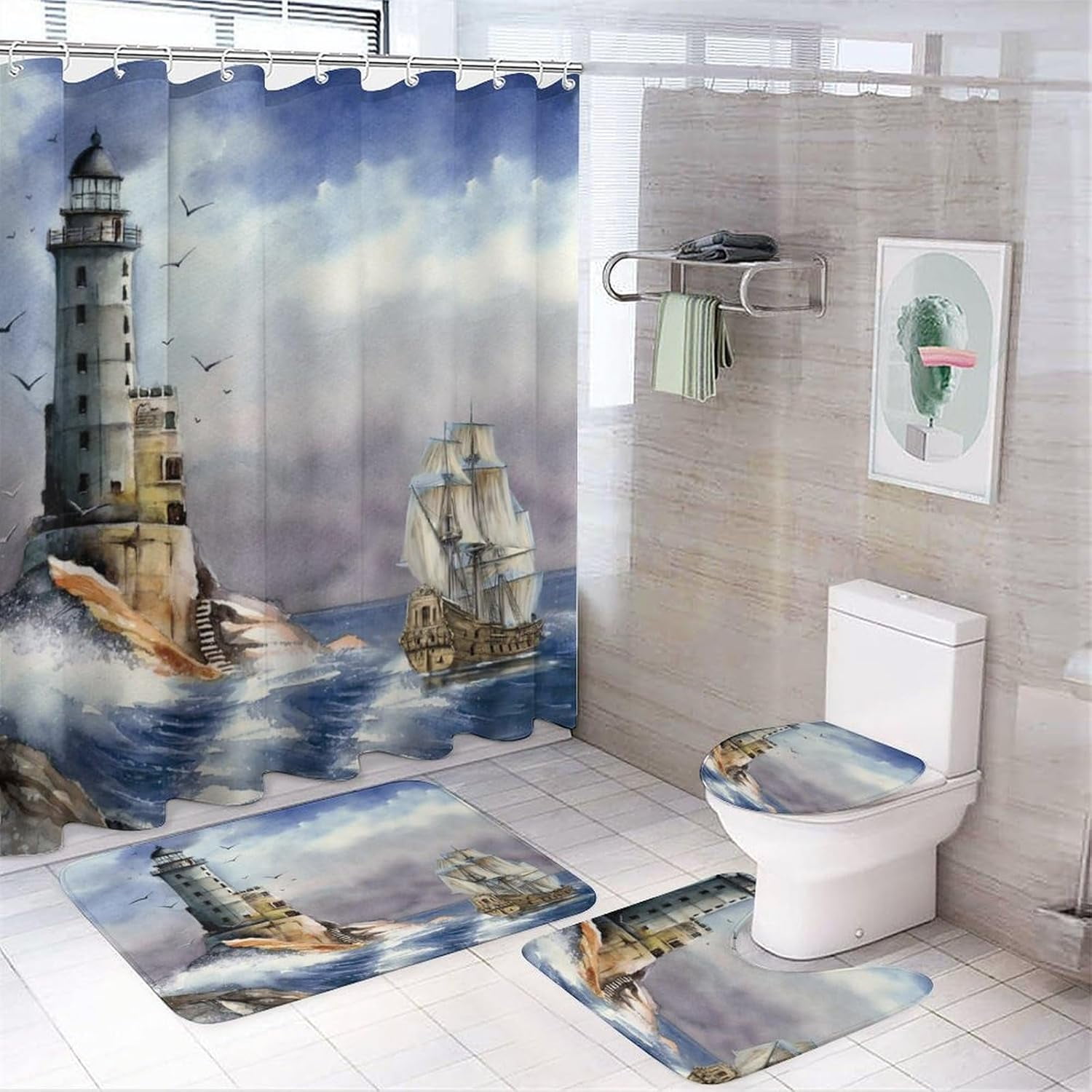 SPEKSEE 4Pcs Watercolor Nautical Lighthouse Bathroom Sets with Non Slip ...