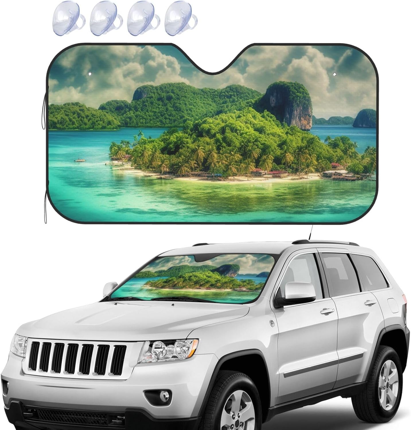 SPEKSEE Car Front Windshield Sun Shade, Green Tropical Island Design ...