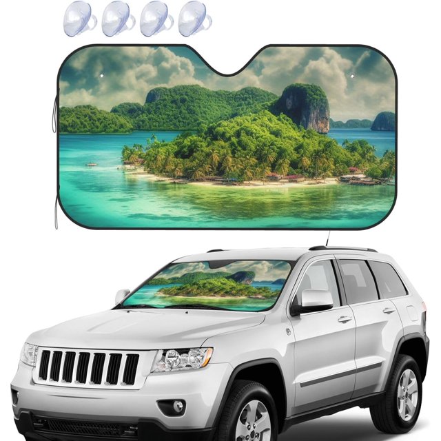 SPEKSEE Car Front Windshield Sun Shade, Green Tropical Island Design ...